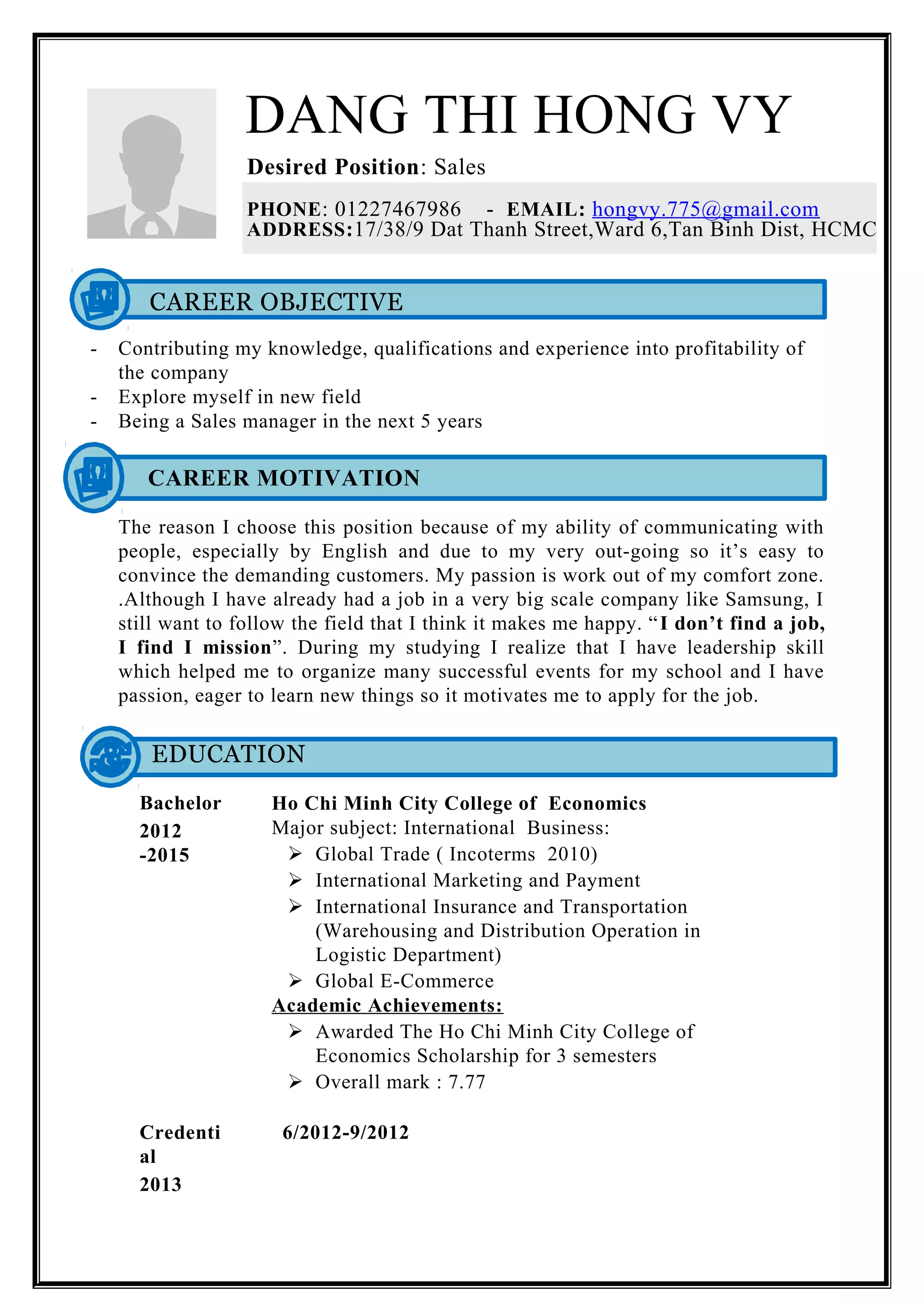 CV - SALES -DANG THI HONG VY | DOC | Business Administration | Business