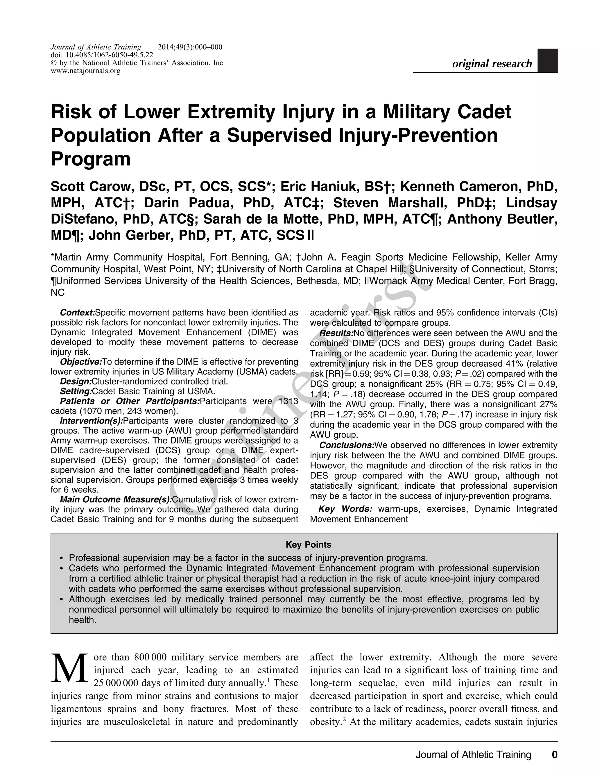Risk of Lower Extremity Injury in a Military Cadet Poplulation After a ...