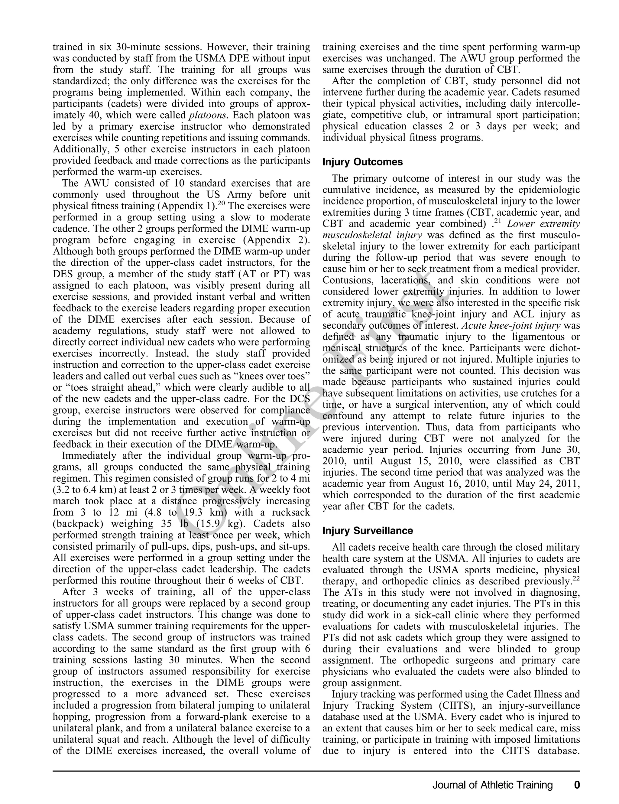 Risk of Lower Extremity Injury in a Military Cadet Poplulation After a Supervised Injury ...
