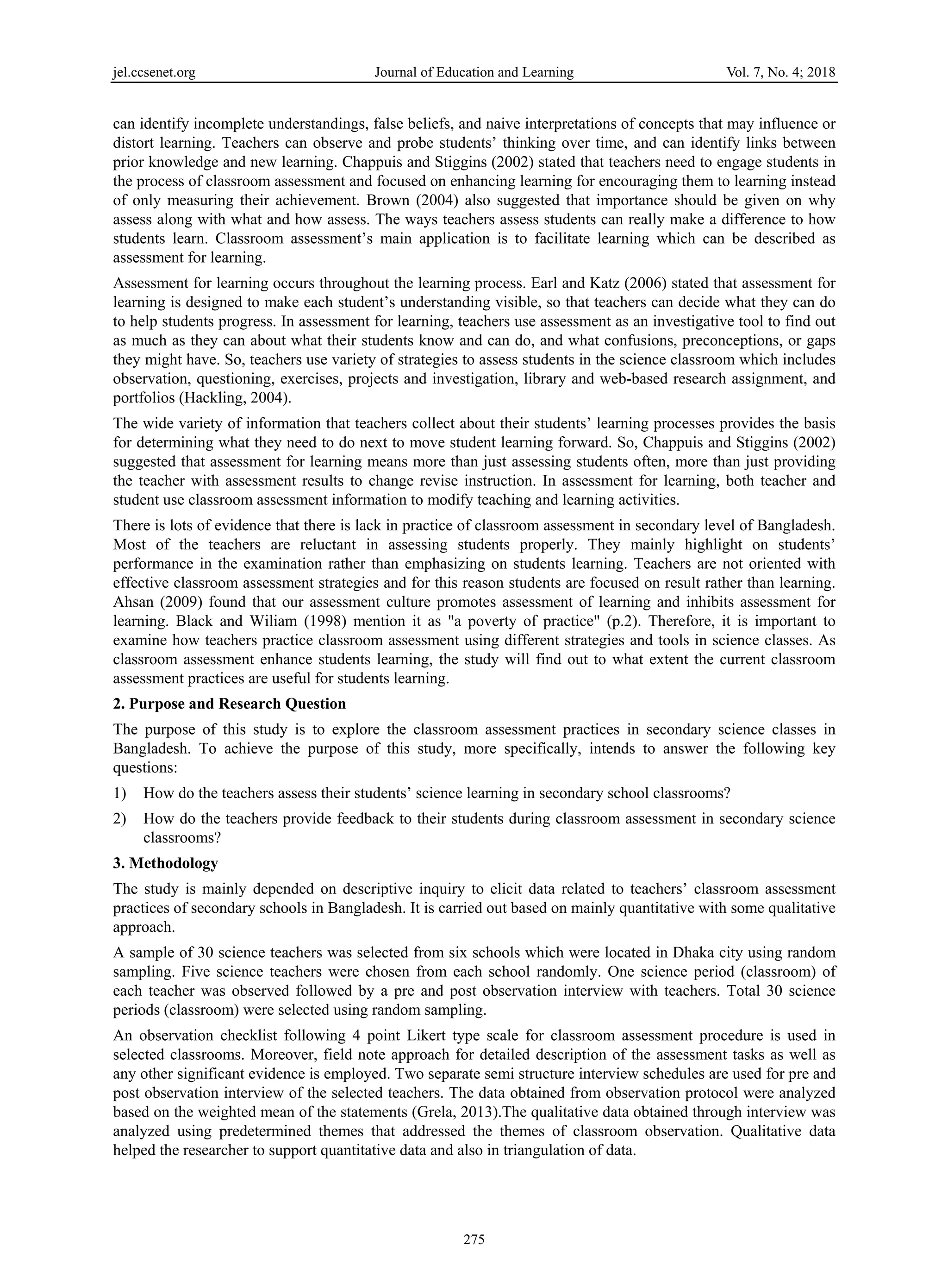 Exploring Teachers Practices of Classroom Assessment in Secondary Science Classes in Bangladesh ...