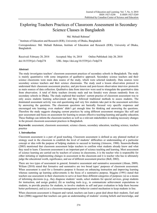 Exploring Teachers Practices of Classroom Assessment in Secondary Science Classes in Bangladesh ...