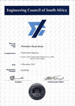 ECSA Pr Eng Registration Certificate_CM Mwala | PDF