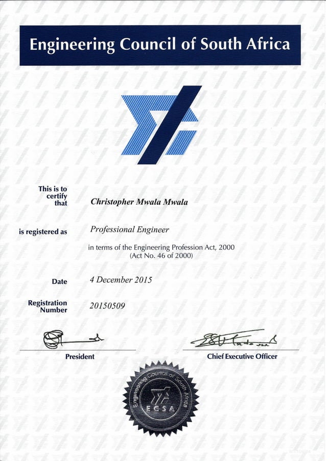 ECSA Pr Eng Registration Certificate_CM Mwala | PDF