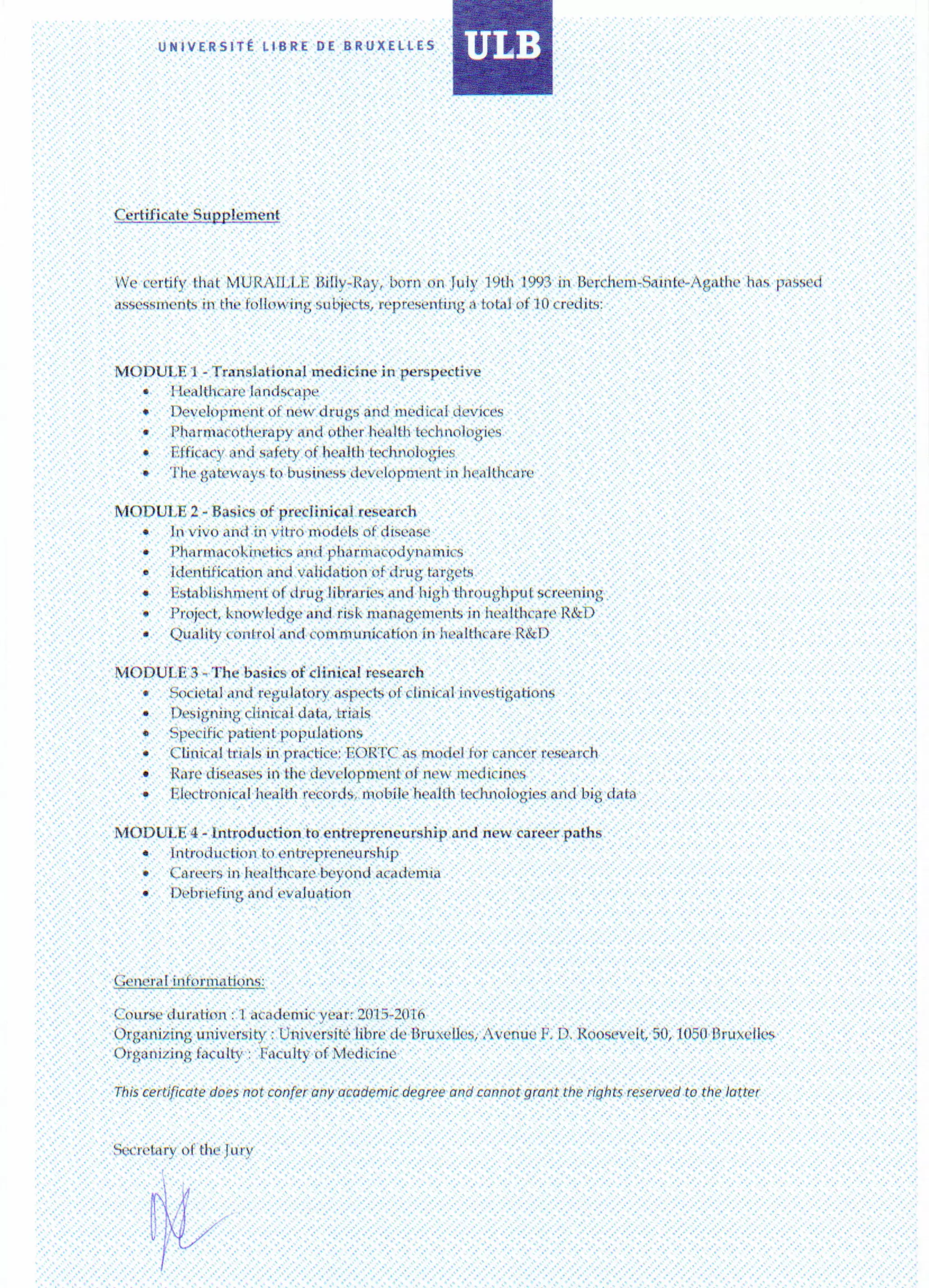 ULB - Certificate of Higher Education in Translational Medicine | PDF