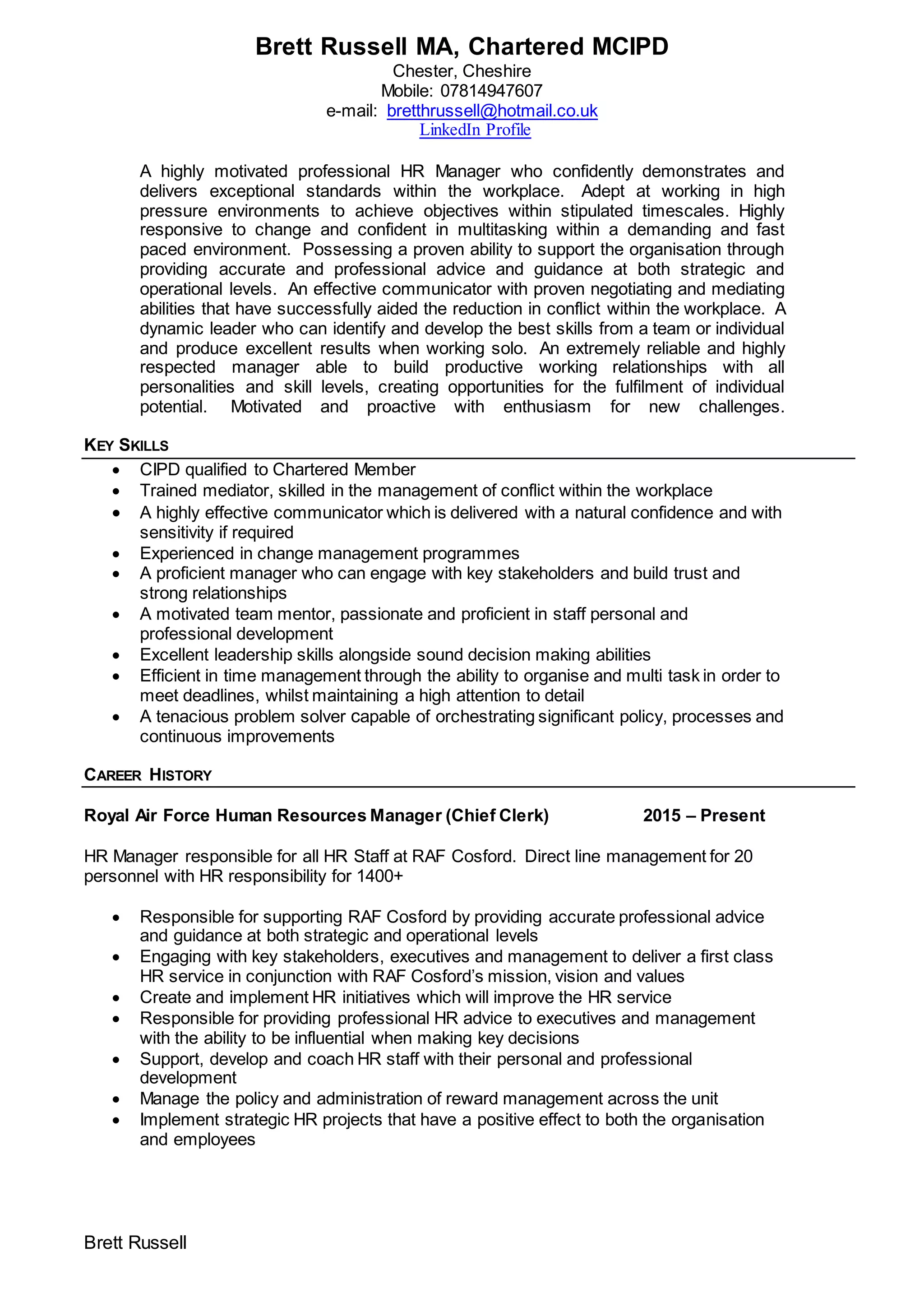 CV - Brett Russell MA Chartered MCIPD | PDF