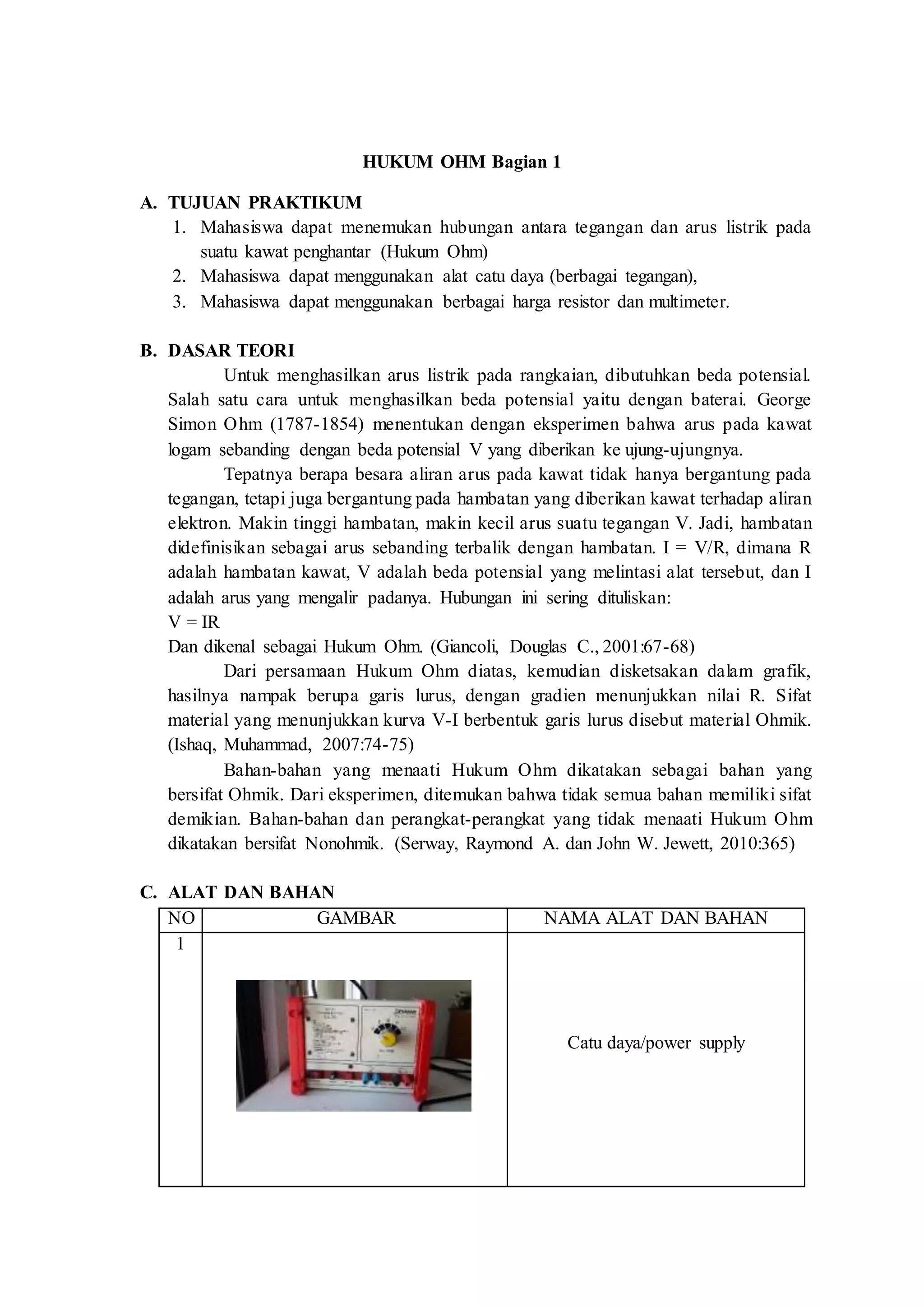 Laporan Praktikum Hukum ohm bagian 1 | DOCX
