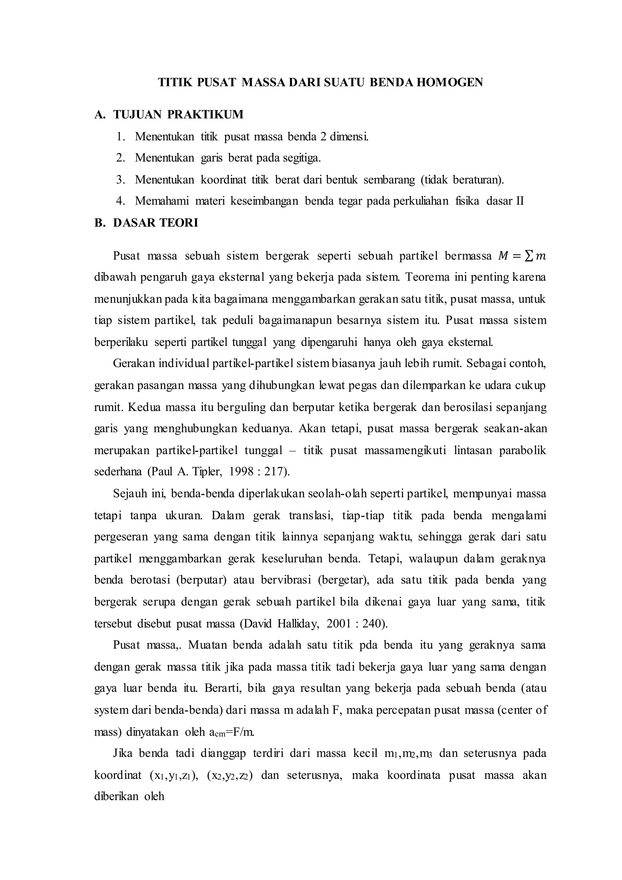 Laporan Praktikum titik pusat massa benda homogen | DOCX