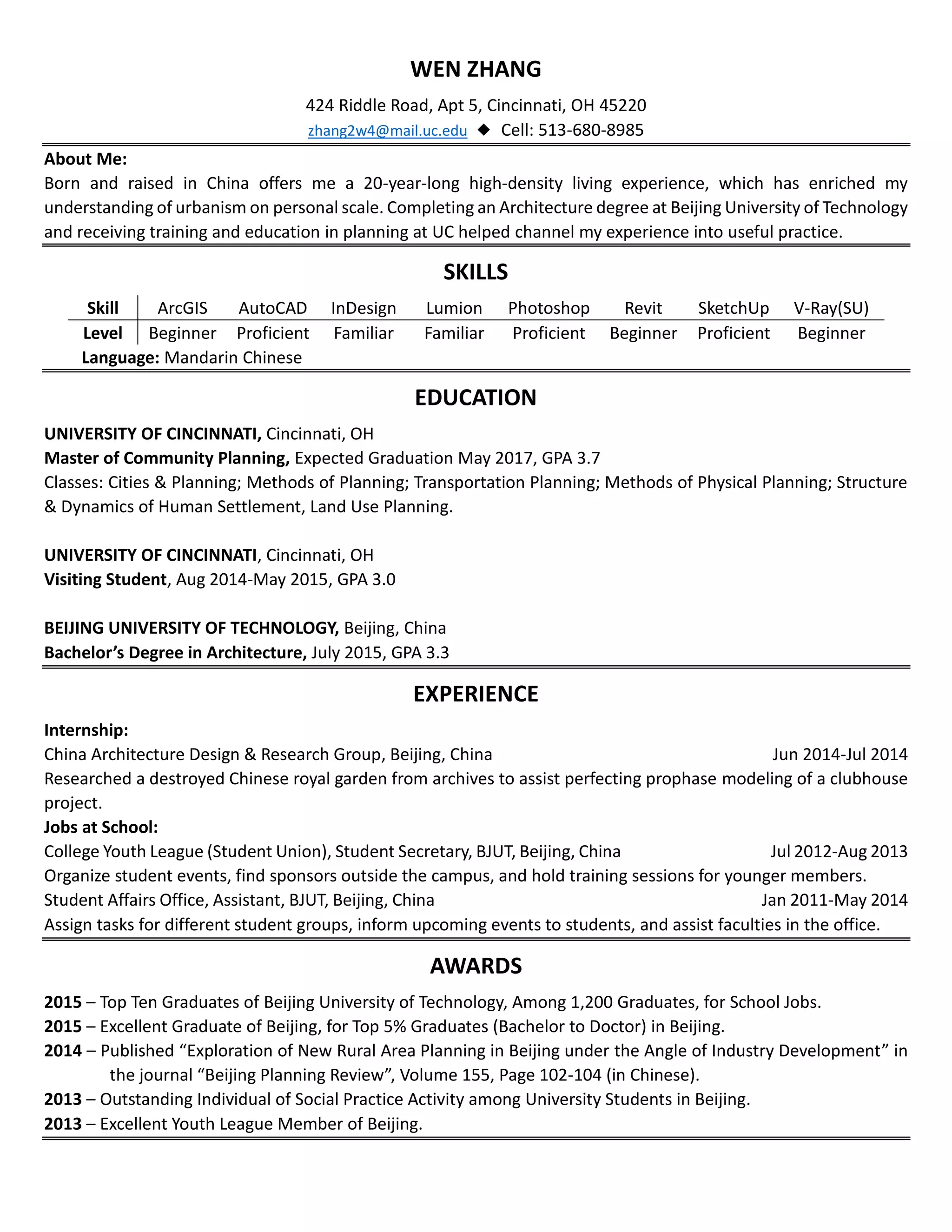 WEN ZHANG-Resume | PDF | College Education | Education