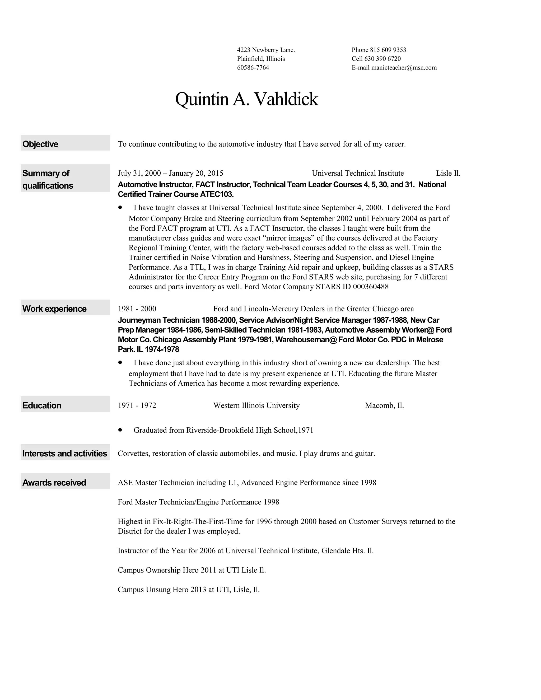 Resume of Quintin A. Vahldick | DOC