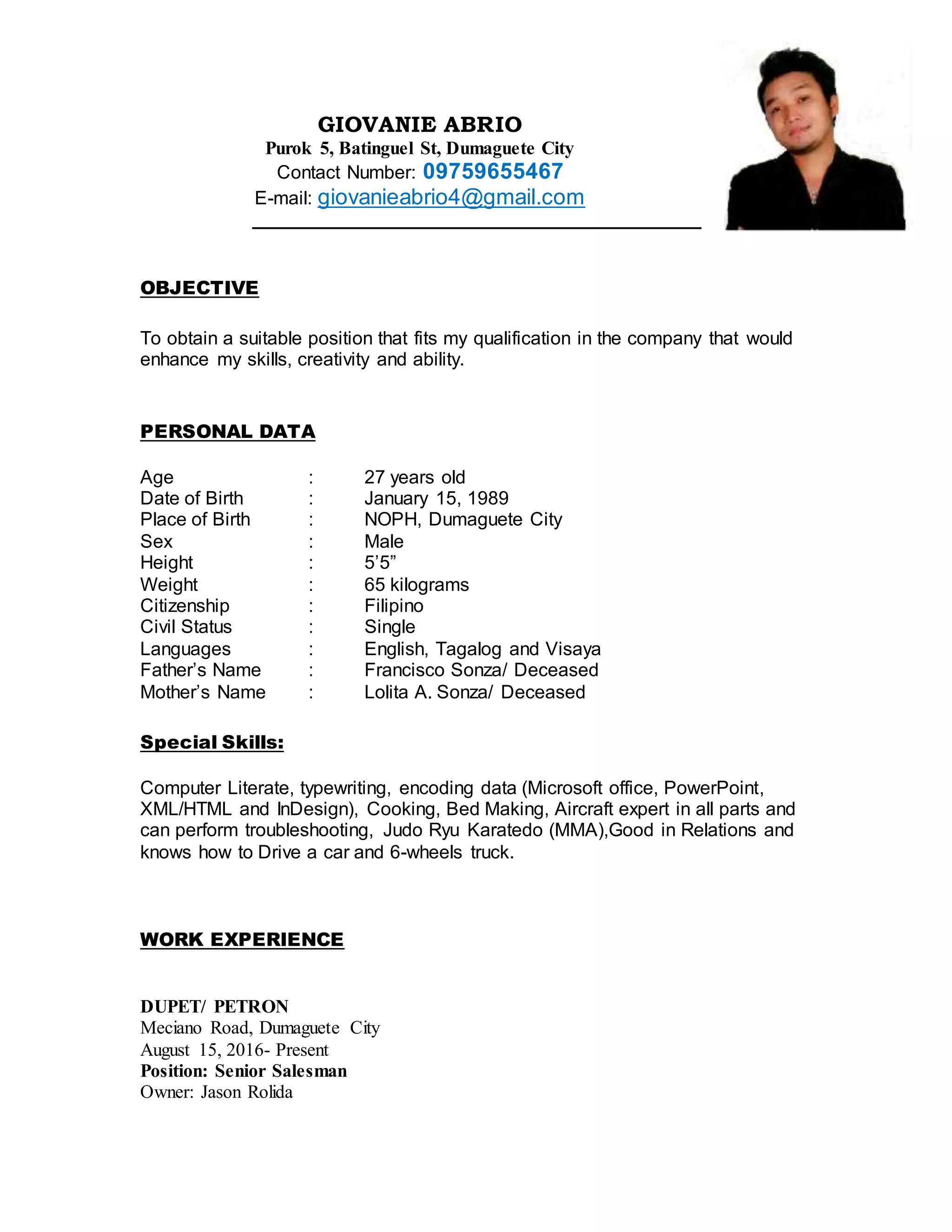 Giovanie Abrio 2016 Resume | PDF