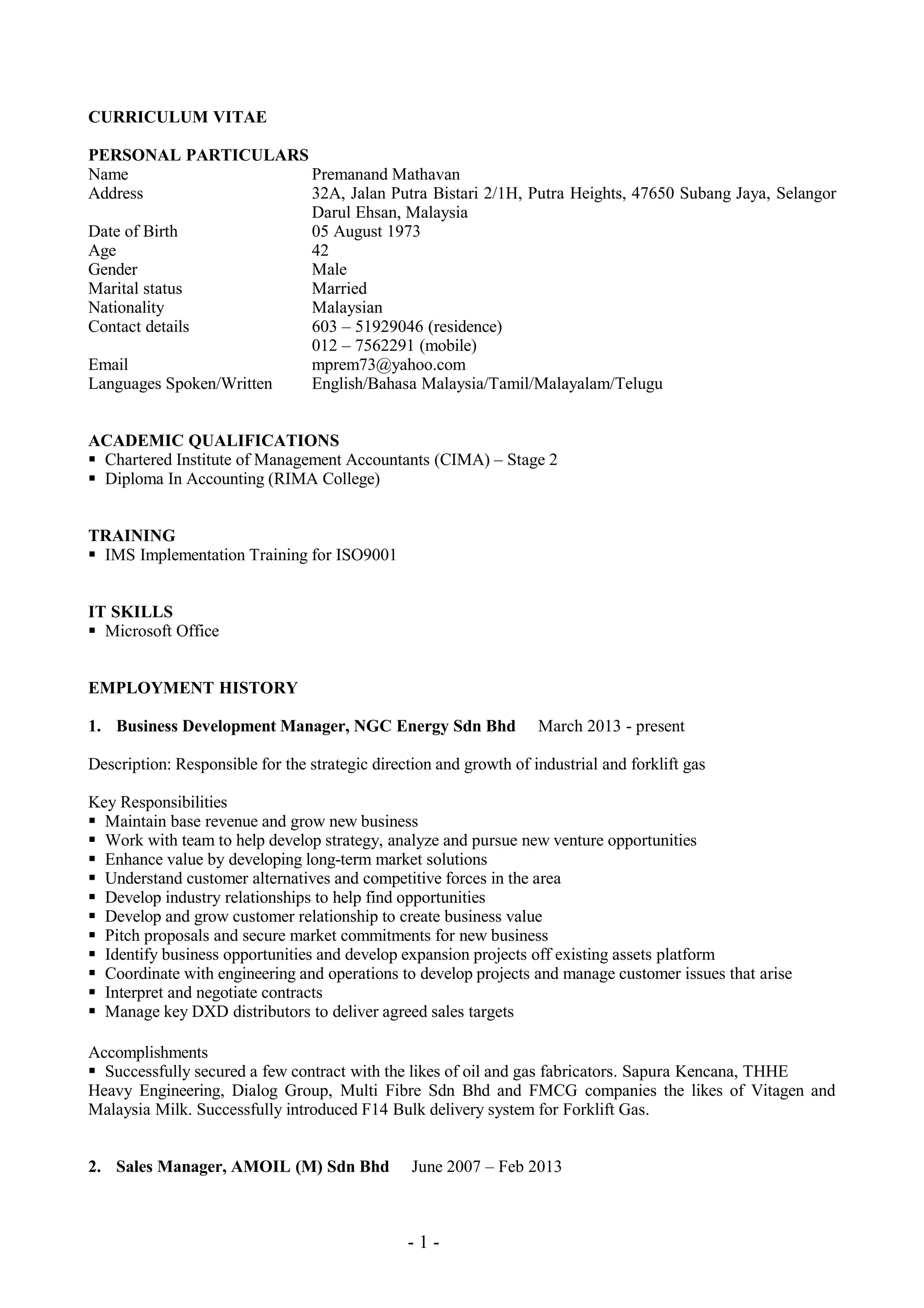 Prem Mathavan CV | DOC | Sales | Business