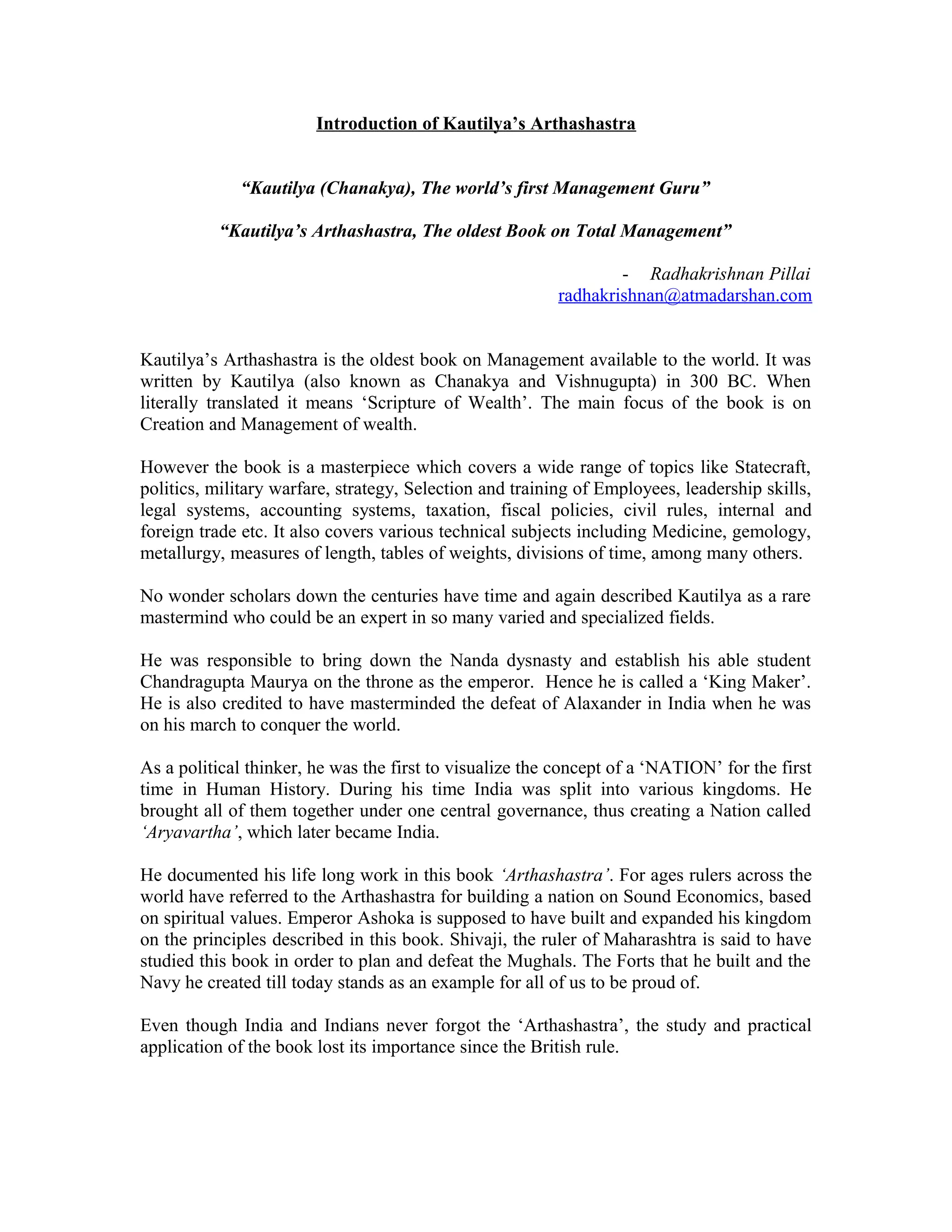 Introduction of Kautilya's Arthashastra | DOC