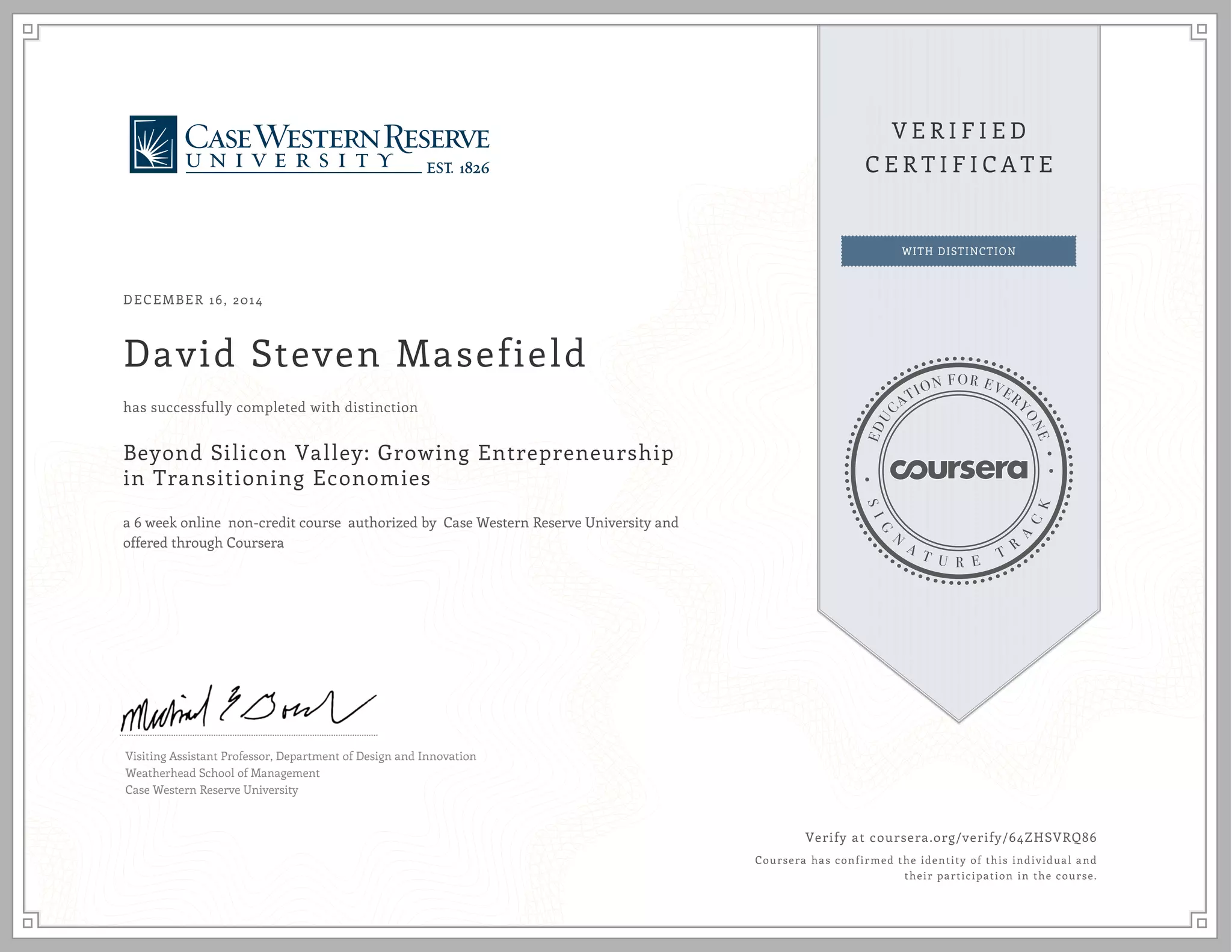 Case Western Reserve University 2014 Distinction Certificate | PPT