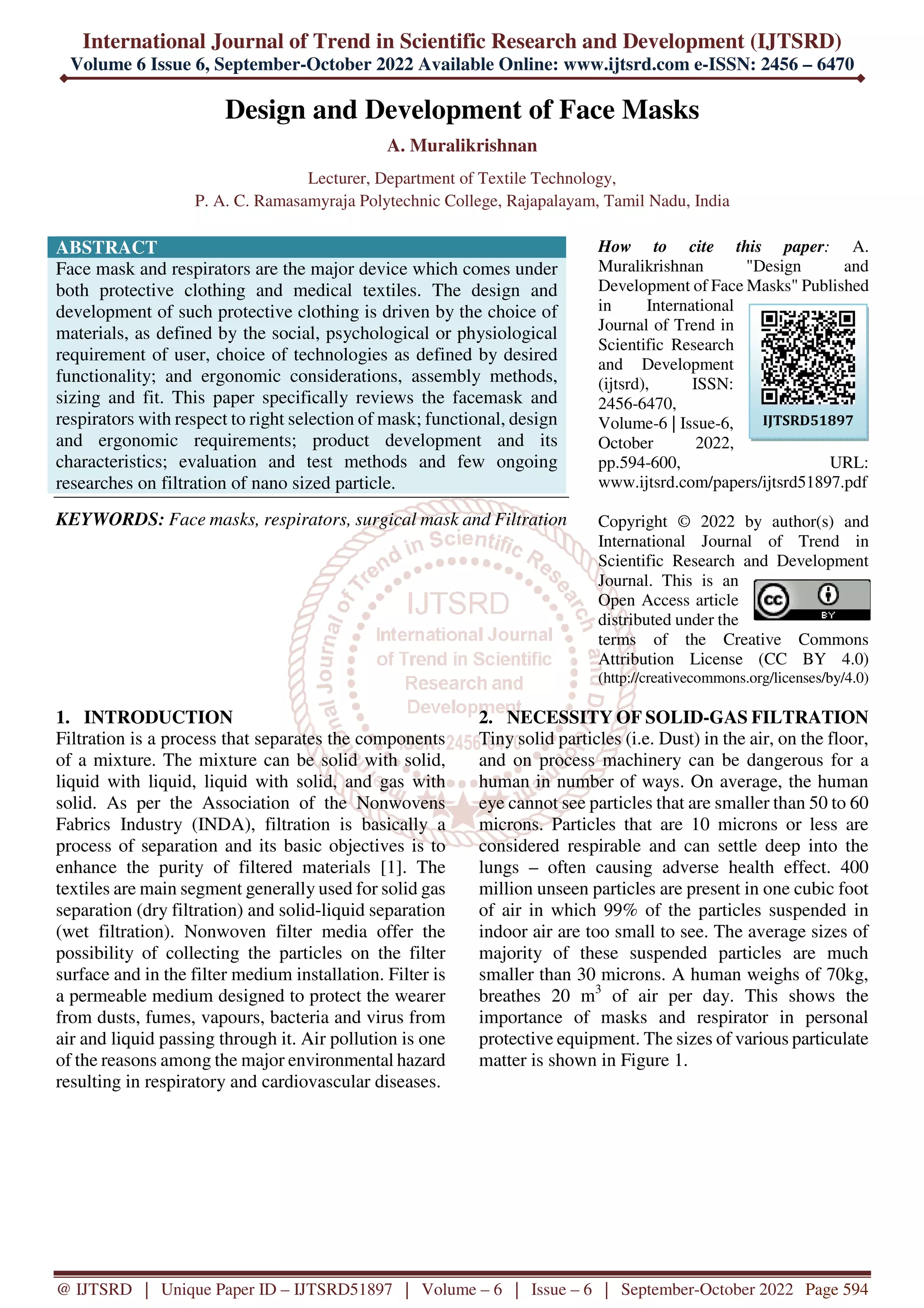 Design and Development of Face Masks | PDF | Lung and Respiratory Health | Diseases and Conditions