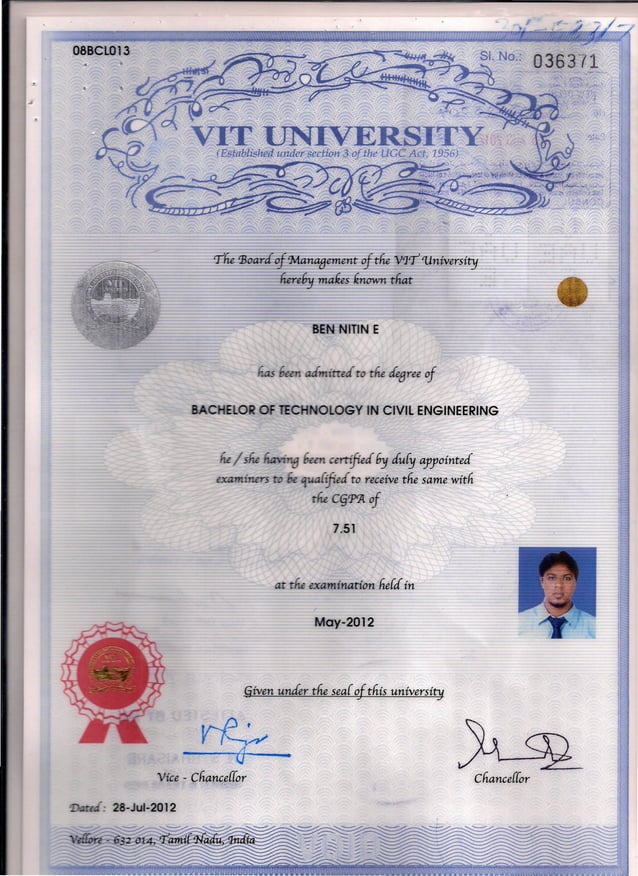 Ben Nitin Ezhil - B.Tech Degree Certi | PDF