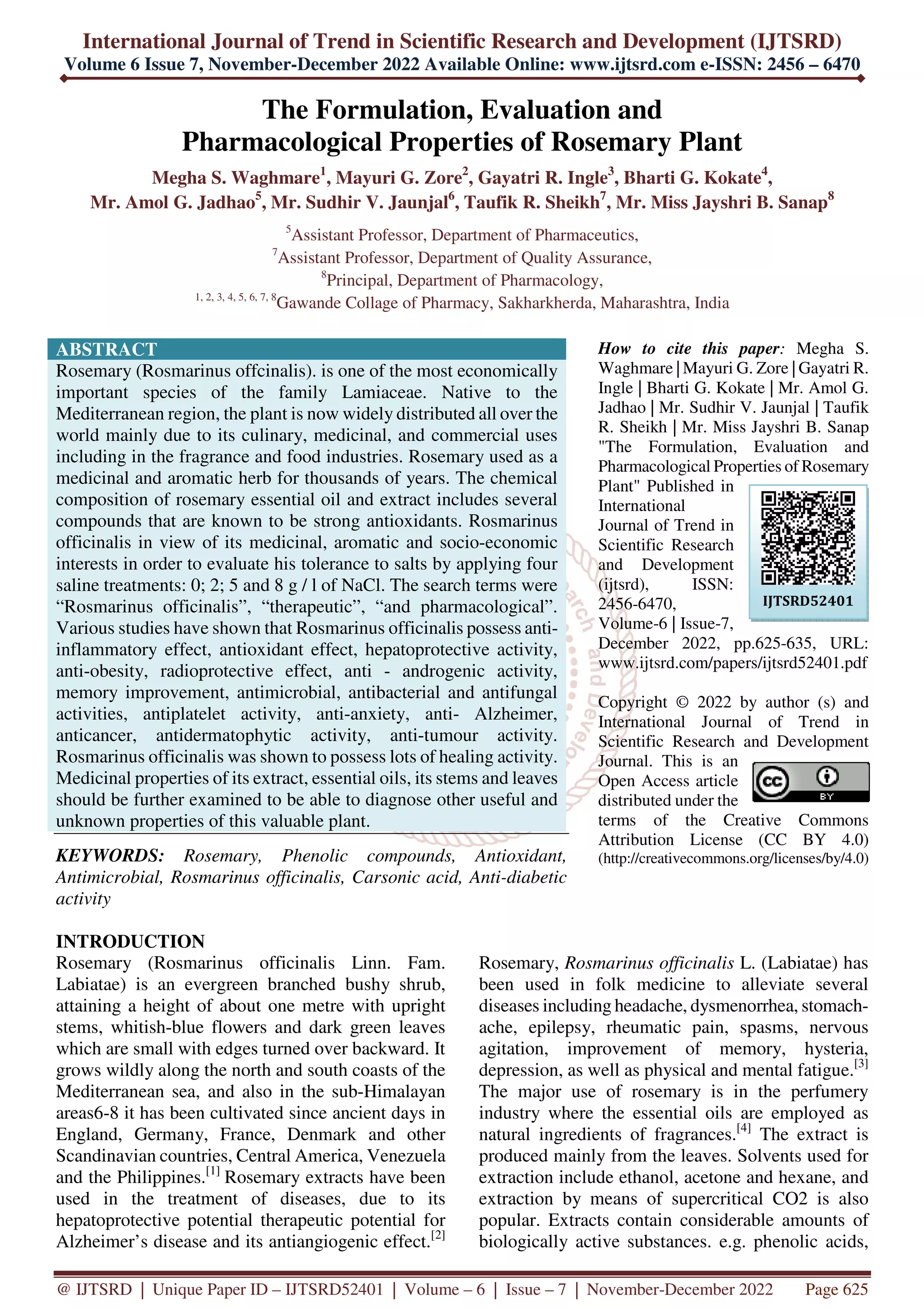 The Formulation, Evaluation and Pharmacological Properties of Rosemary ...