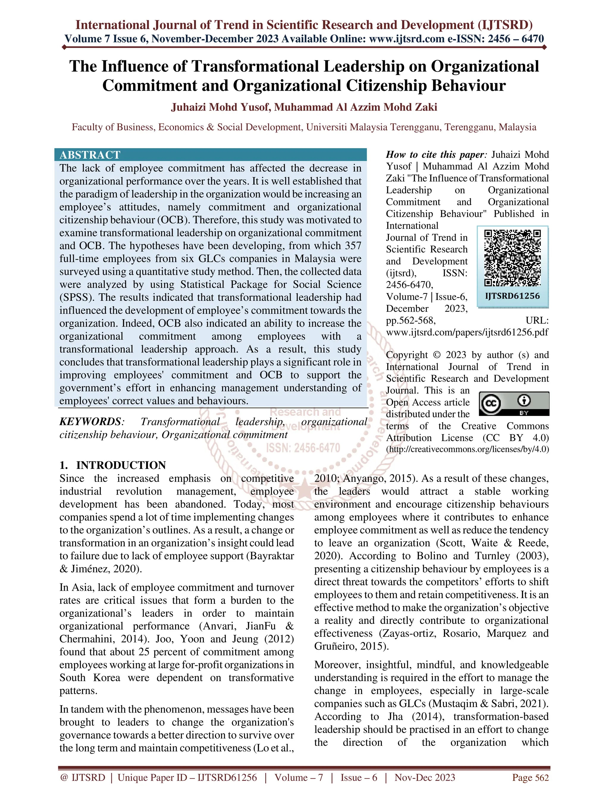 The Influence of Transformational Leadership on Organizational Commitment and Organizational ...