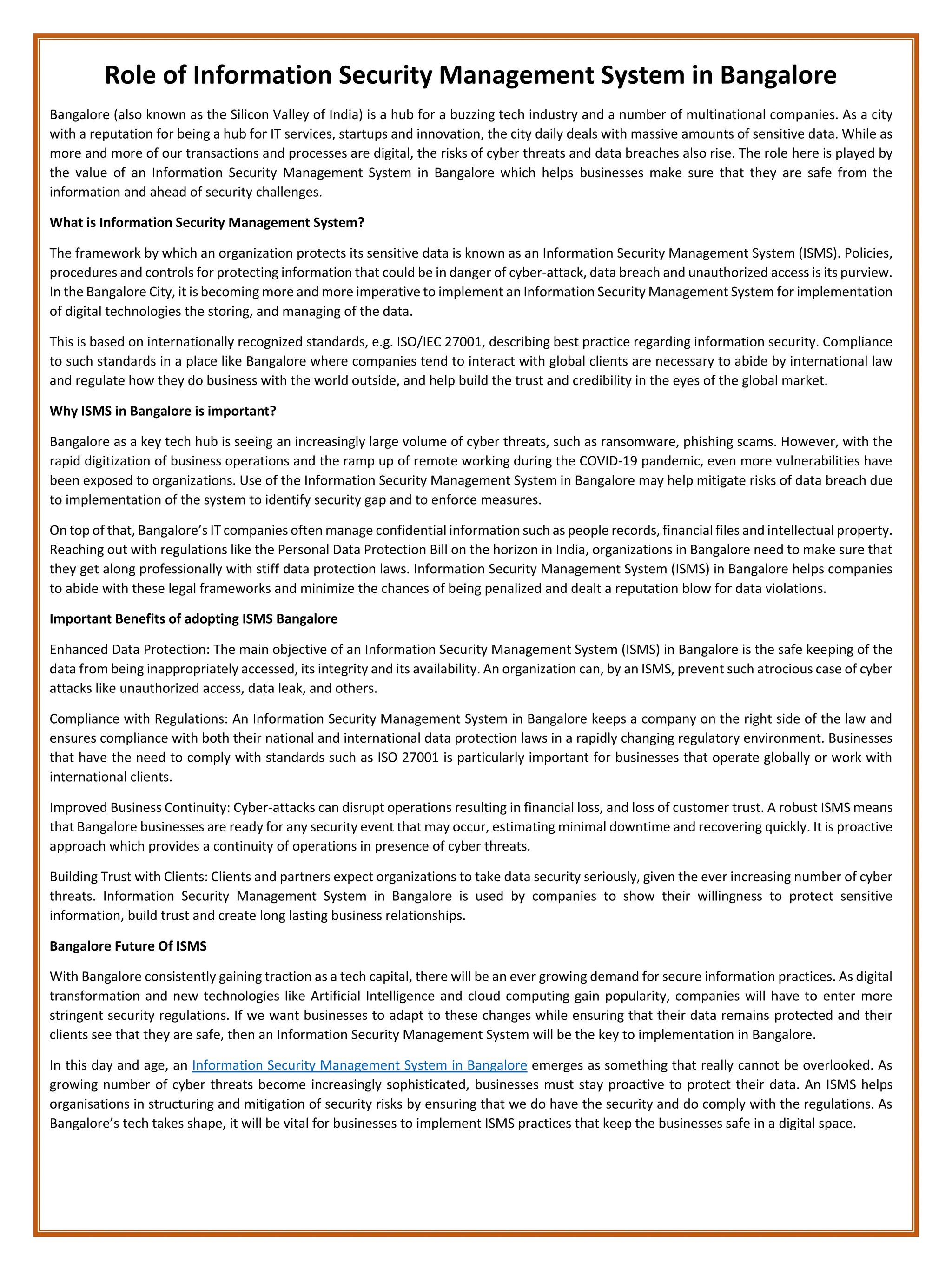 Role of Information Security Management System in Bangalore | PDF