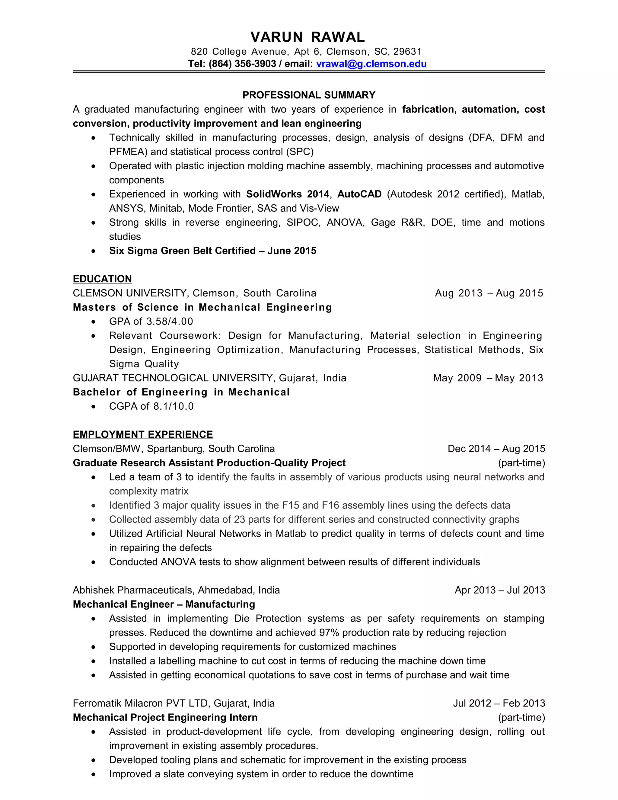 RESUME_MECHANICAL_VARUN RAWAL 2015 | PDF