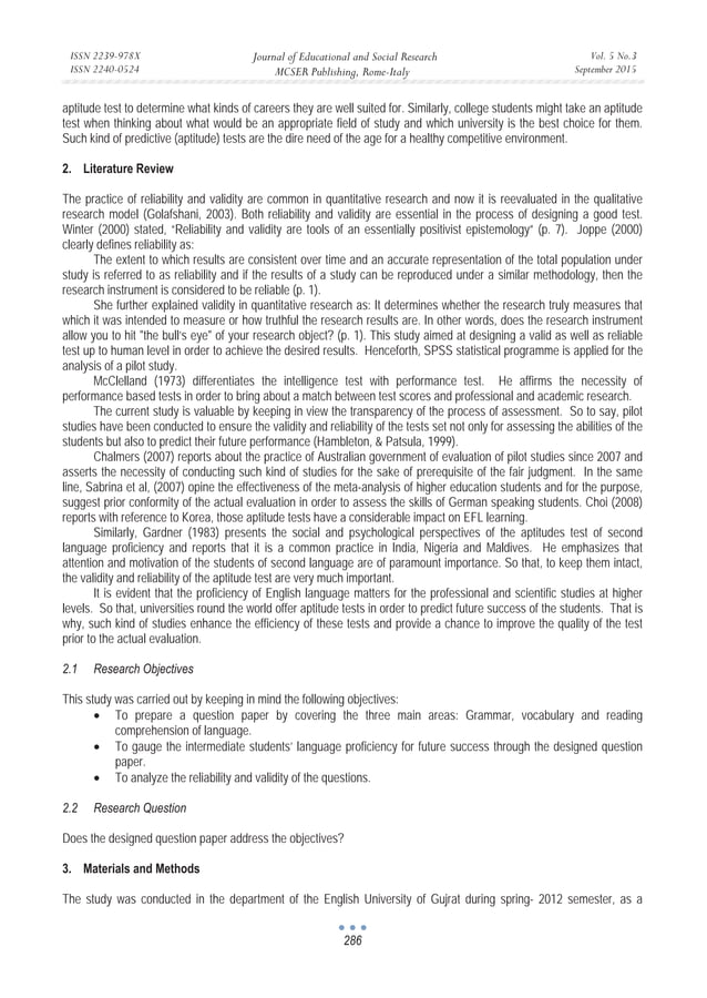 Pilot Study for Validity and Reliability of an Aptitude Test | PDF
