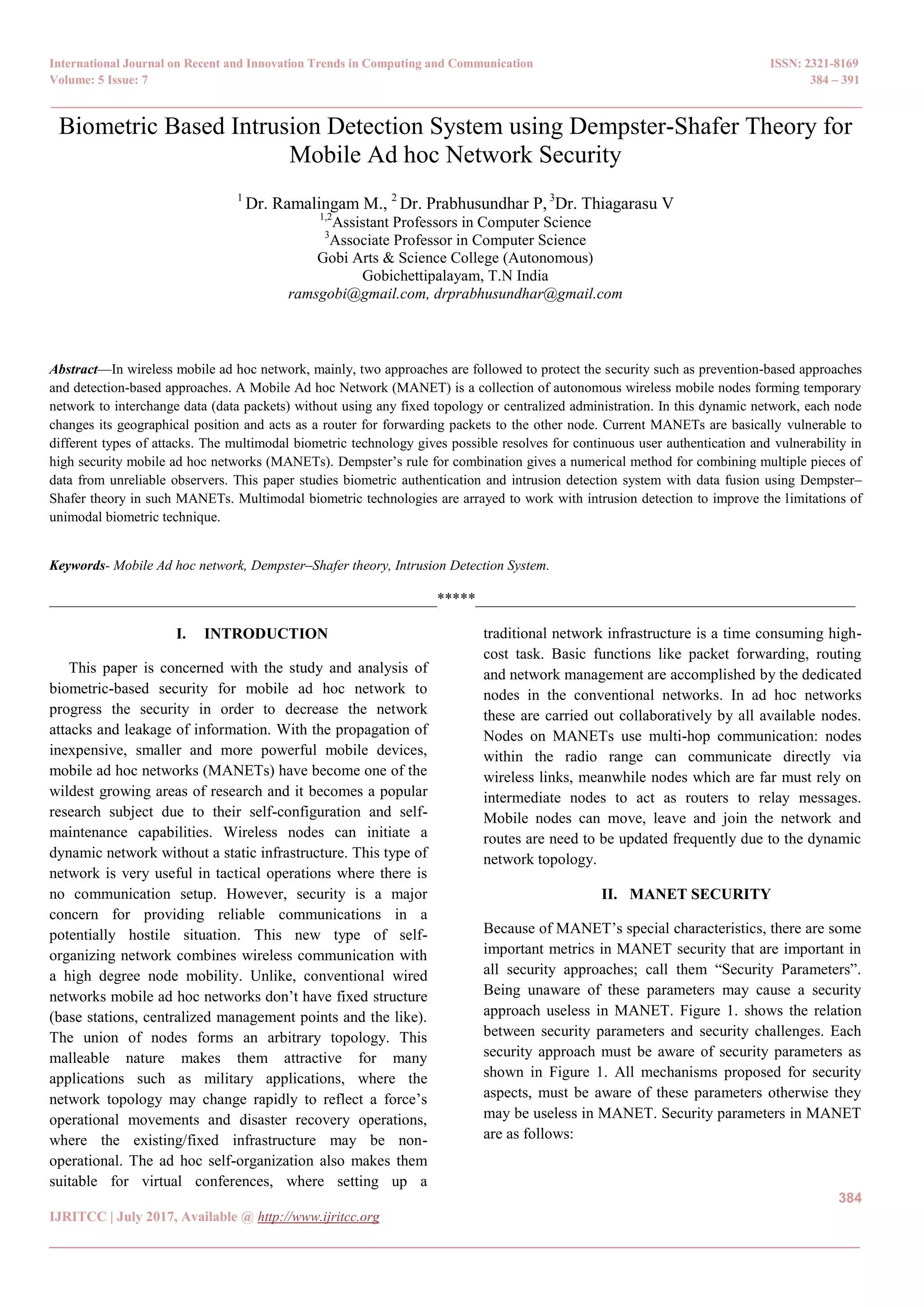 Biometric Based Intrusion Detection System Using Dempster Shafer Theory For Mobile Ad Hoc