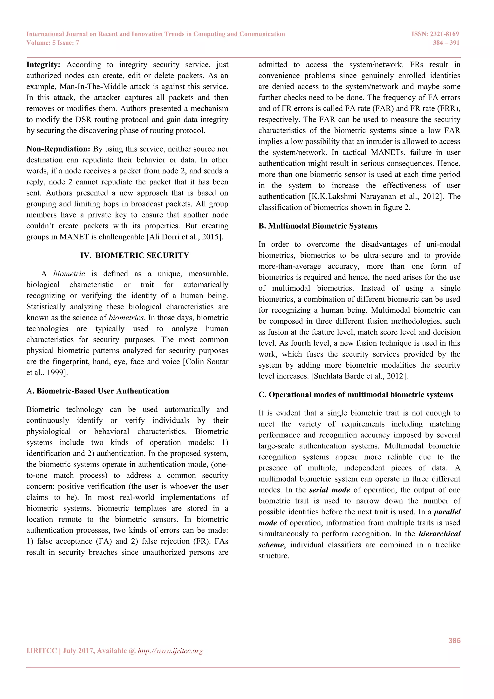 Biometric Based Intrusion Detection System Using Dempster Shafer Theory For Mobile Ad Hoc
