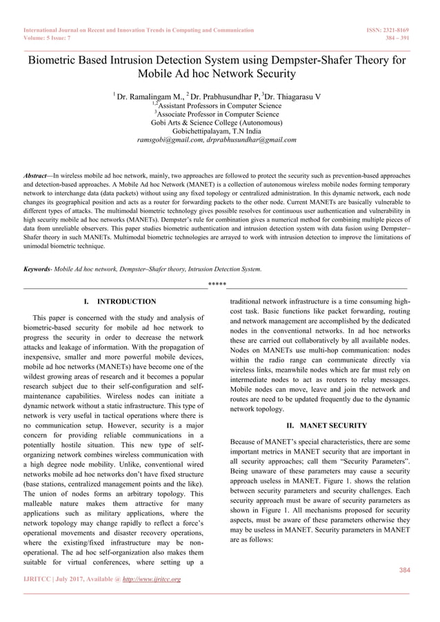 Biometric Based Intrusion Detection System using Dempster-Shafer Theory for Mobile Ad hoc ...