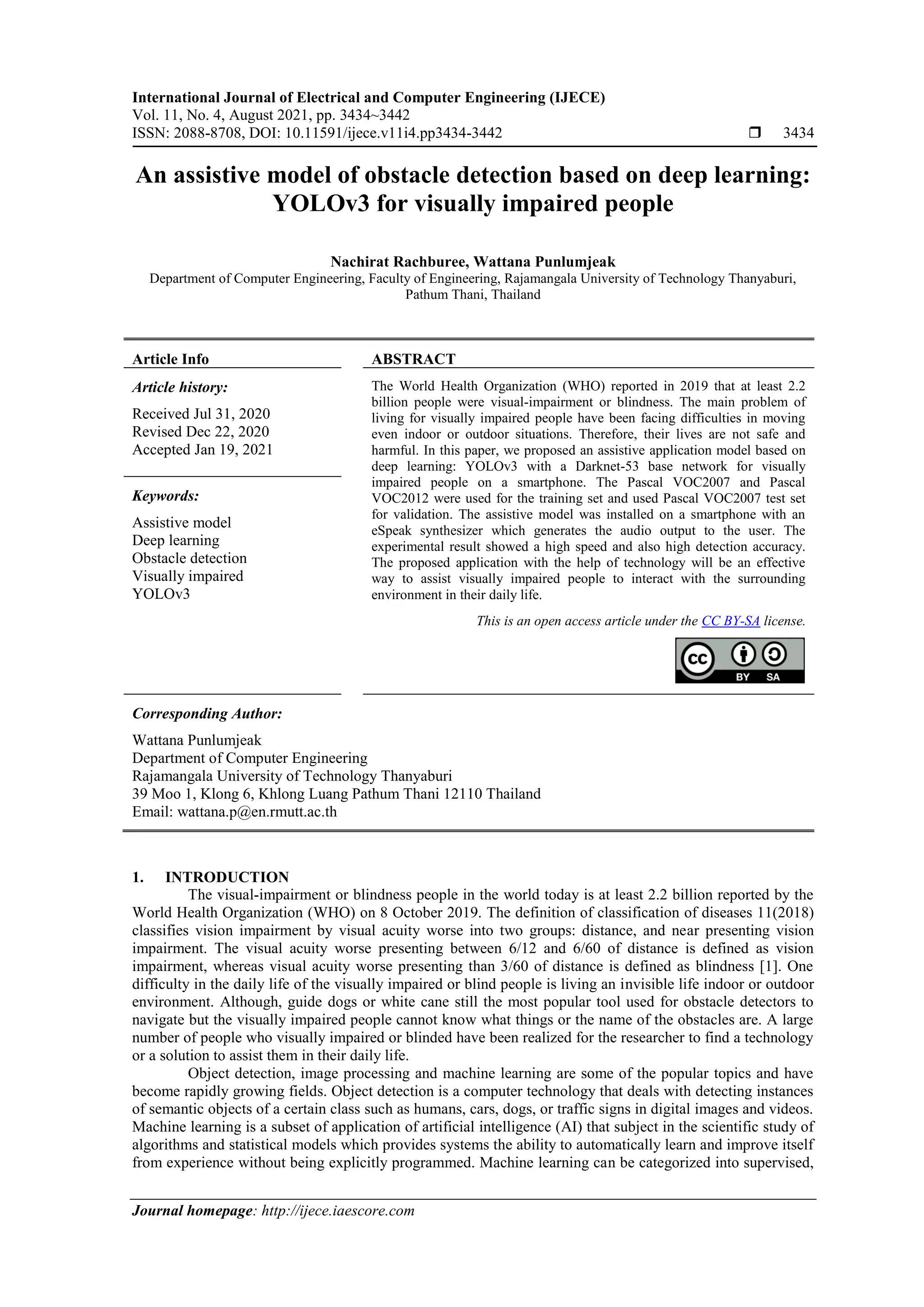 An Assistive Model Of Obstacle Detection Based On Deep Learning Yolov3