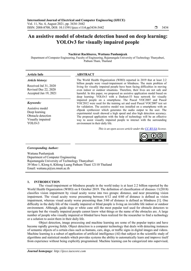 An assistive model of obstacle detection based on deep learning: YOLOv3 for visually impaired ...