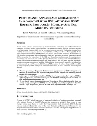 PERFORMANCE ANALYSIS AND COMPARISON OF IMPROVED DSR WITH DSR, AODV AND DSDV ROUTING PROTOCOL IN ...