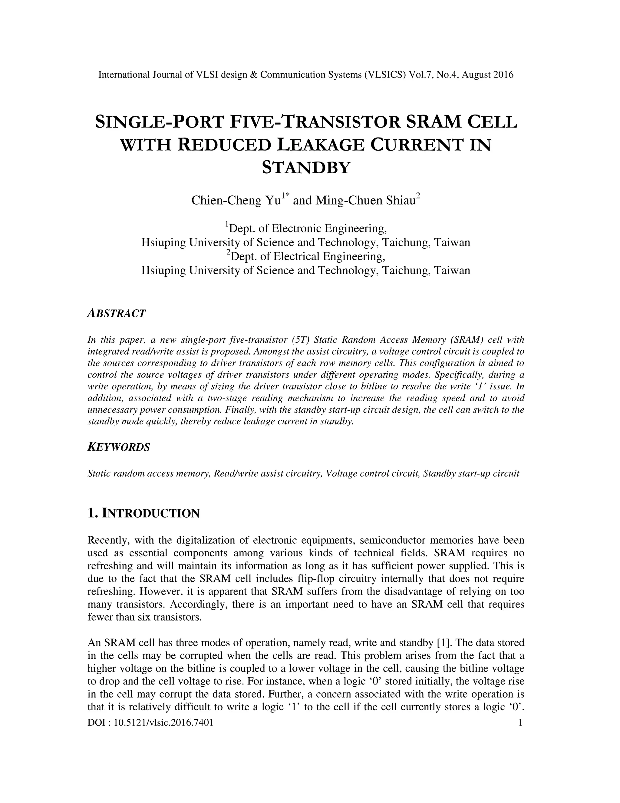 SINGLE-PORT FIVE-TRANSISTOR SRAM CELL WITH REDUCED LEAKAGE CURRENT IN ...