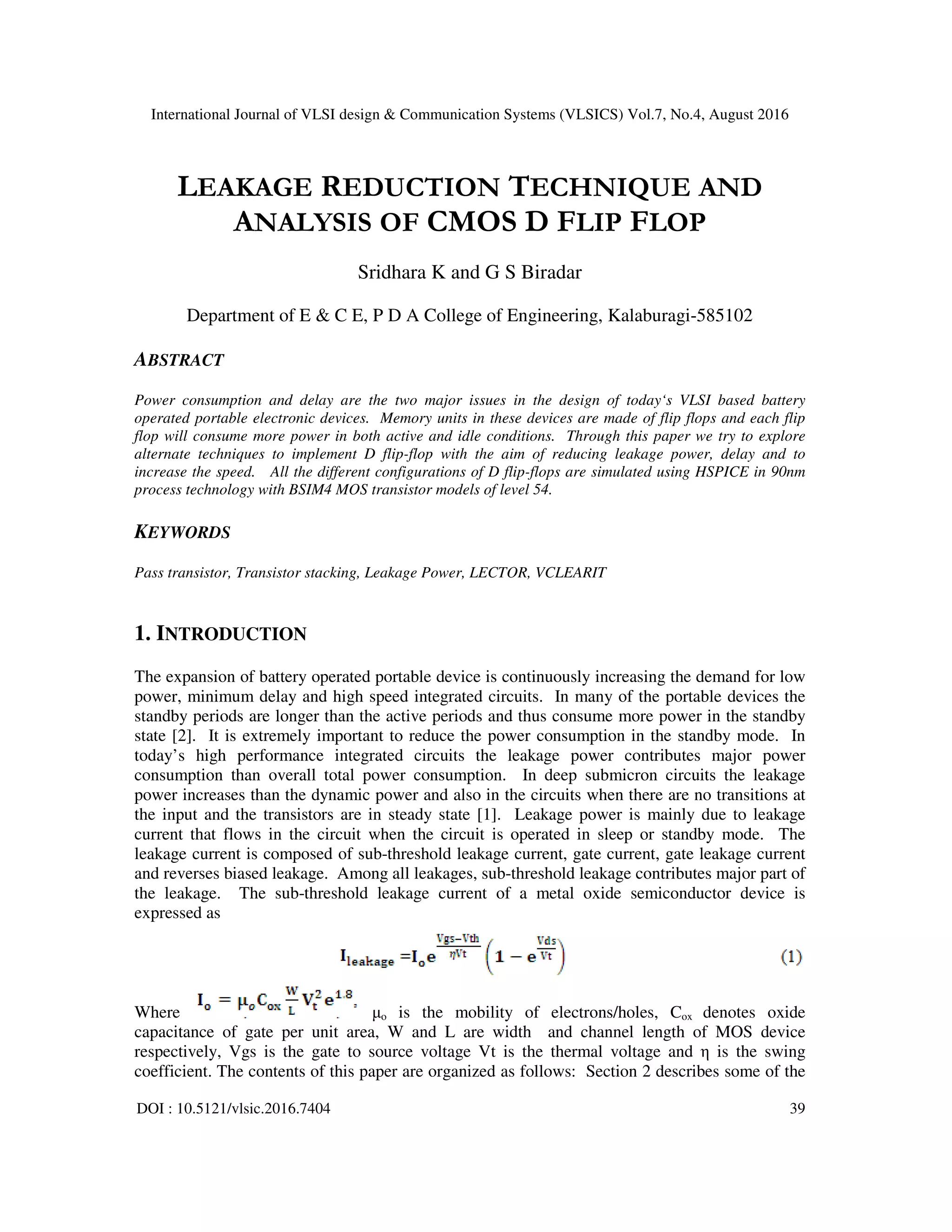 LEAKAGE REDUCTION TECHNIQUE AND ANALYSIS OF CMOS D FLIP FLOP | PDF