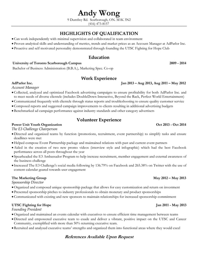 Andy Wong Resume | DOCX | Business Administration | Business