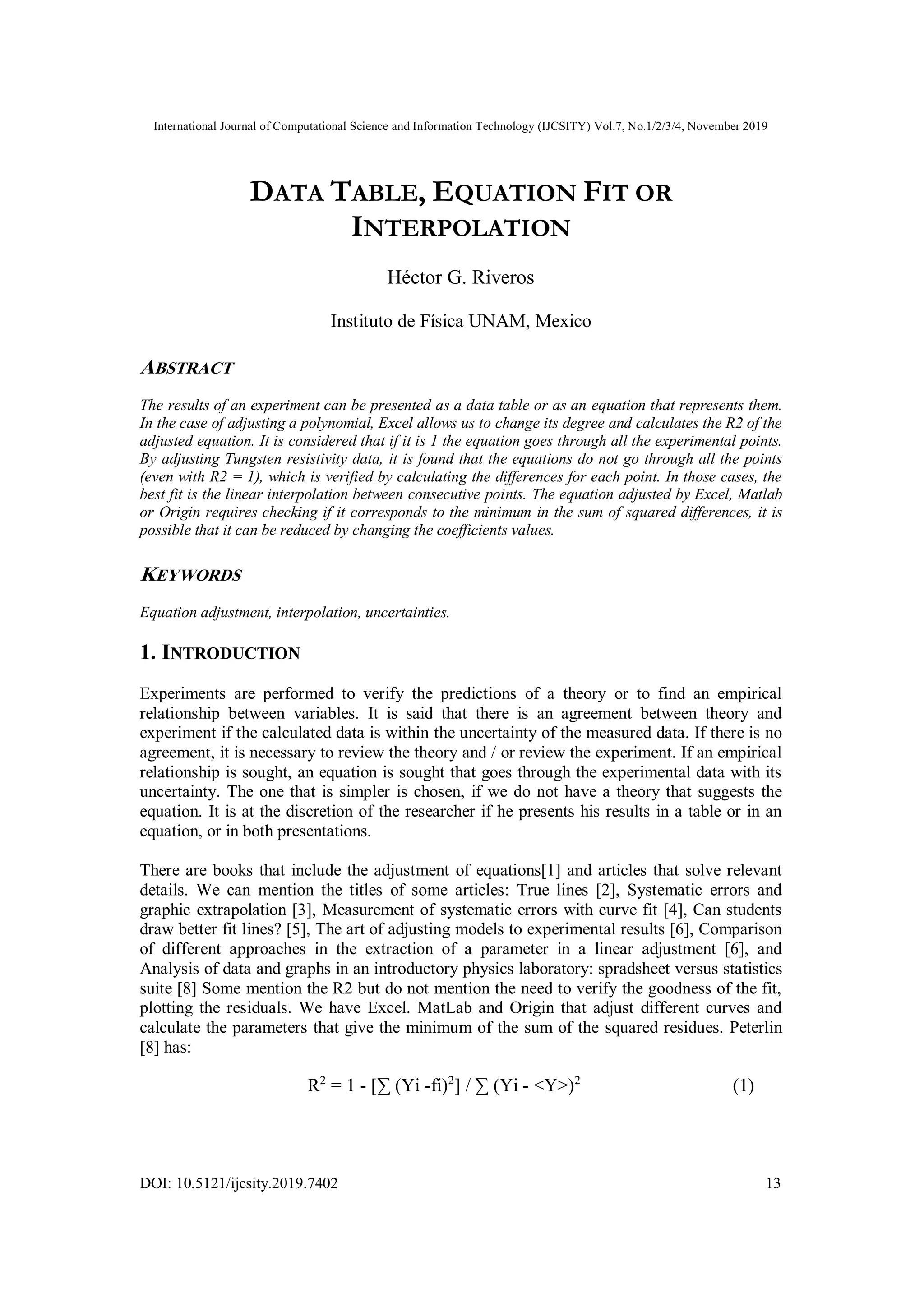 DATA TABLE, EQUATION FIT OR INTERPOLATION | PDF
