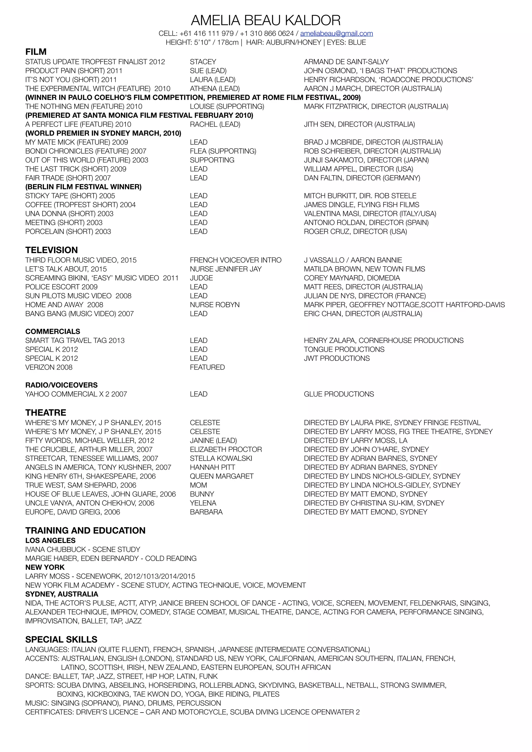AMELIA BEAU KALDOR CV 2015 | PDF