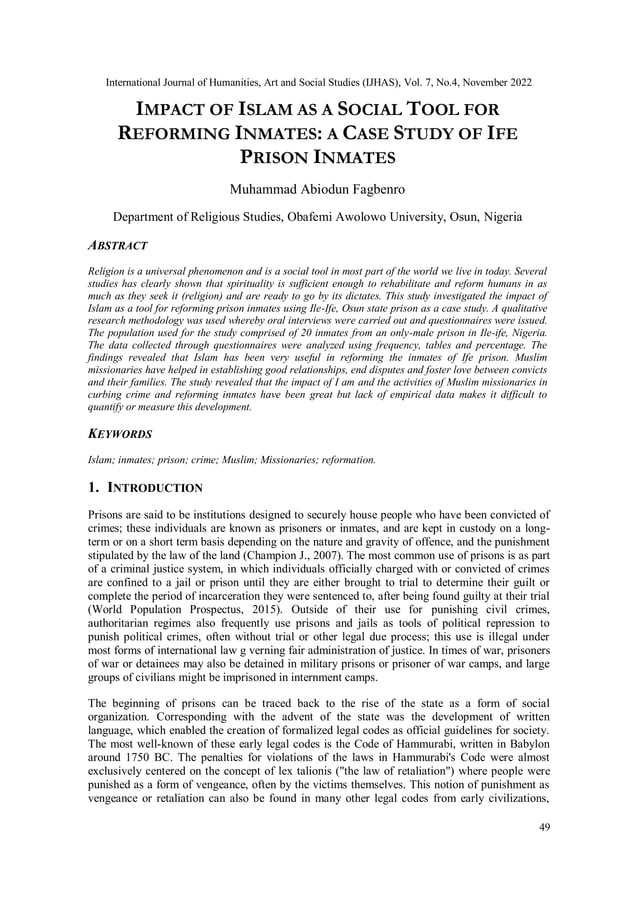 IMPACT OF ISLAM AS A SOCIAL TOOL FOR REFORMING INMATES: A CASE STUDY OF ...