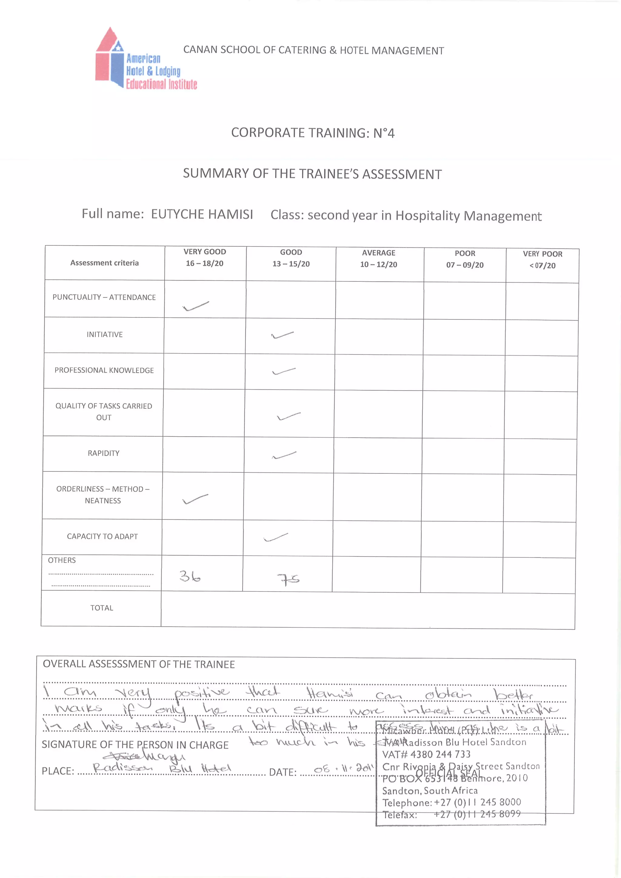 Reference Letter Radisson Blu Hotel Sandton | PDF