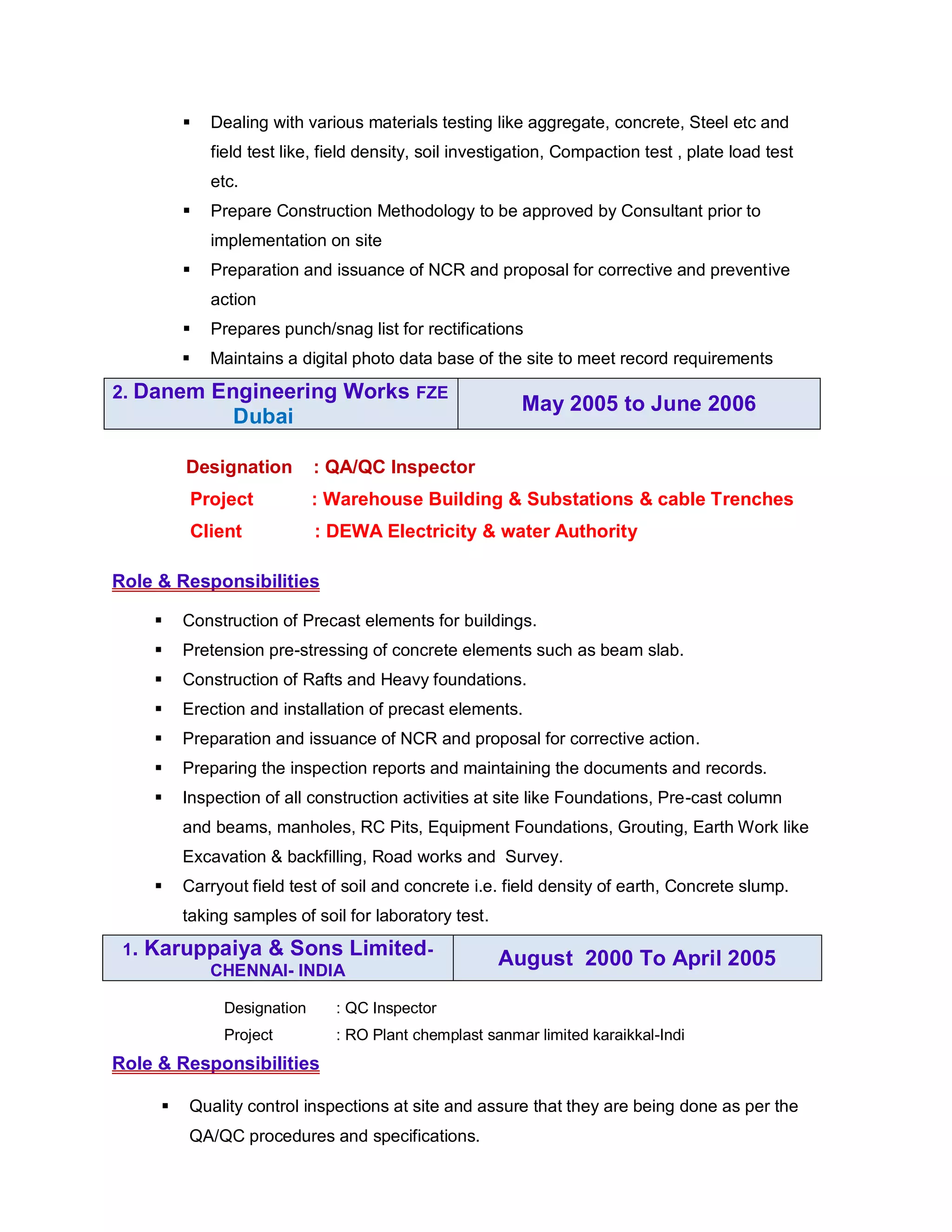 Civil QA&QC Inspector Updated Resume | PDF
