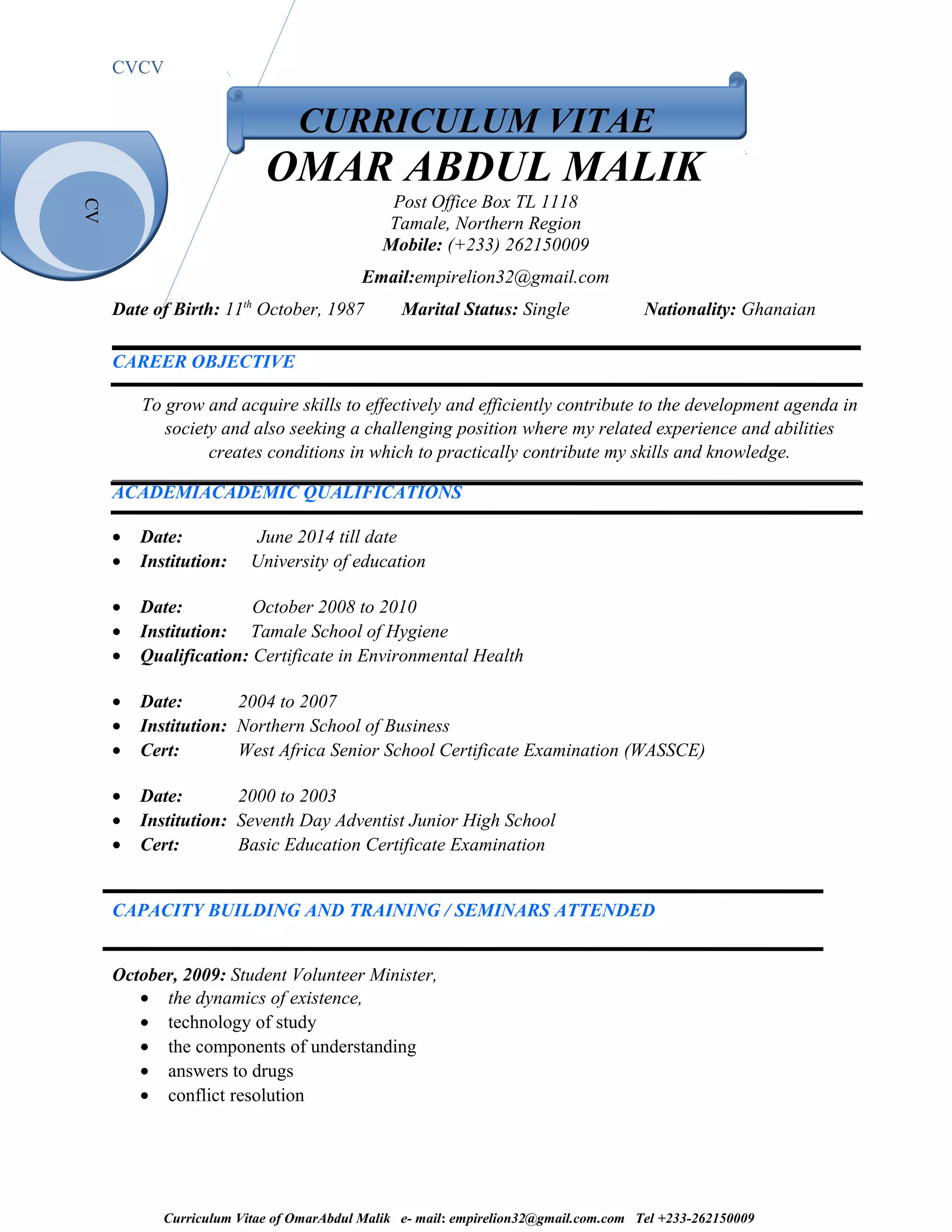 Abdul Malik Omar cv | DOC