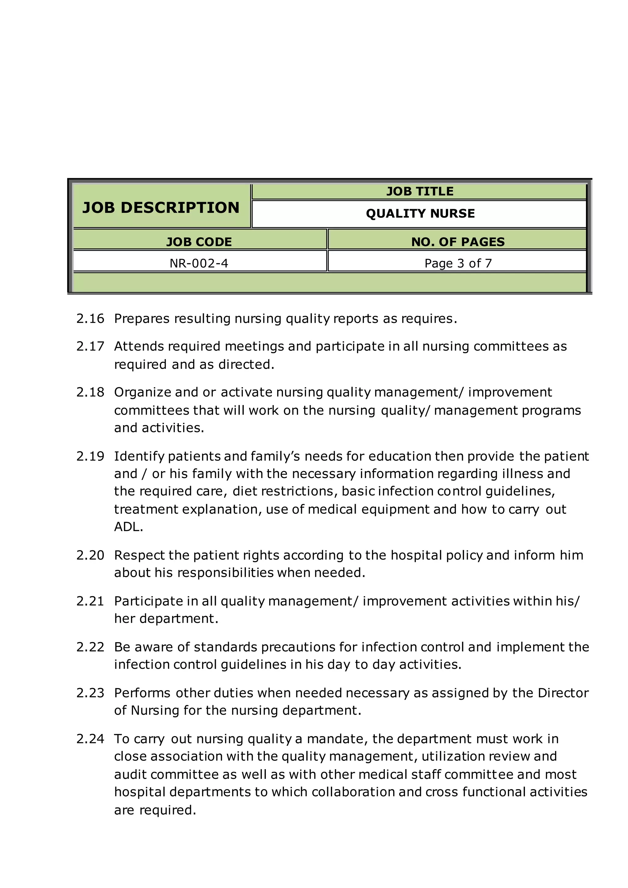 QUALITY NURSE job description | DOCX