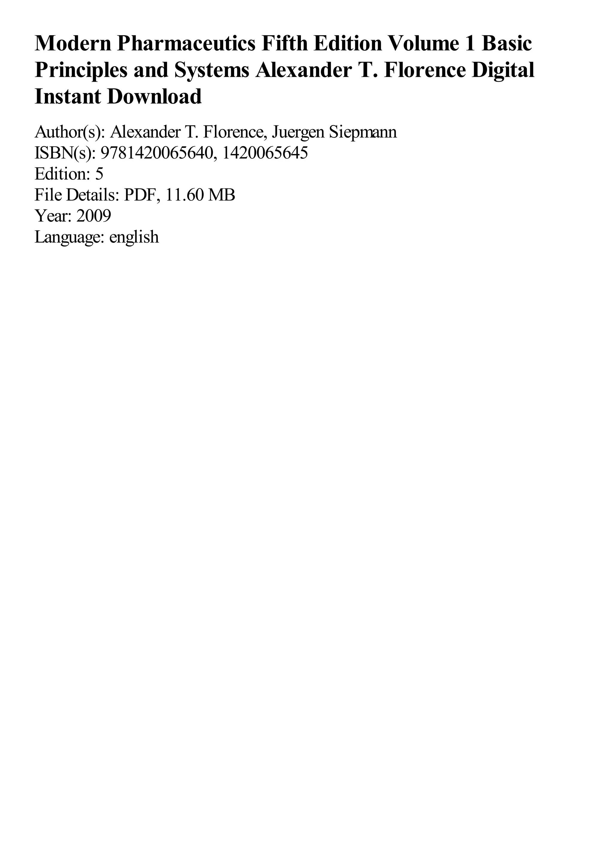 Modern Pharmaceutics Fifth Edition Volume 1 Basic Principles and ...