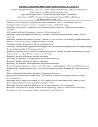Summary of Property Management Responsibilities and Experience | PDF ...
