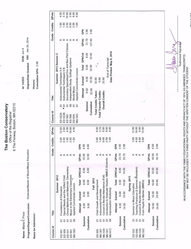 The Boston Conservatory Official Transcript | PDF