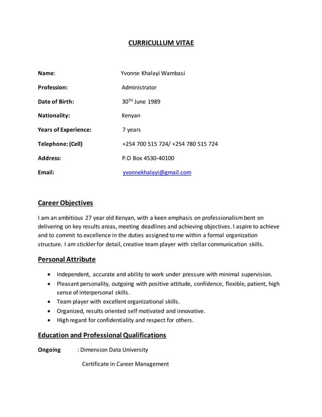 Yvonne Khalayi cv | DOCX | Career Planning | Careers