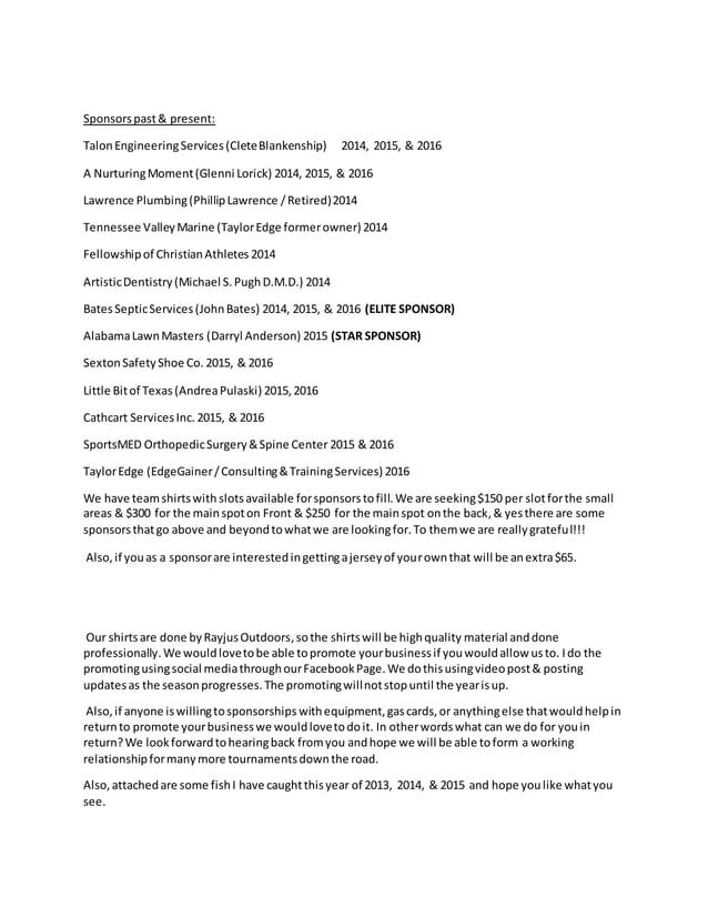 Sponsorship Resume | DOCX | Fishing Sports | Sports