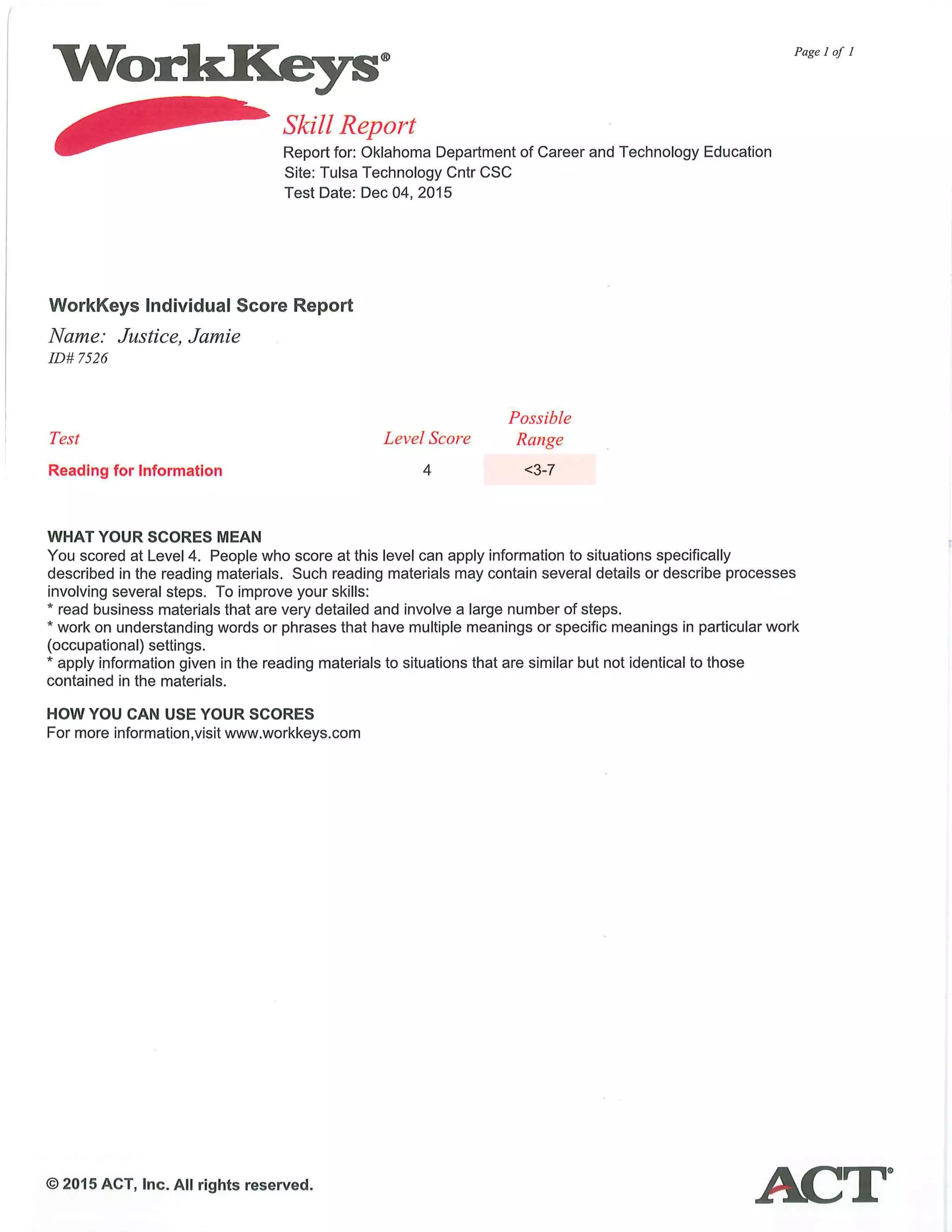 WorkKeys Individual Score Report 12-04-2015 | PDF | Standardized ...