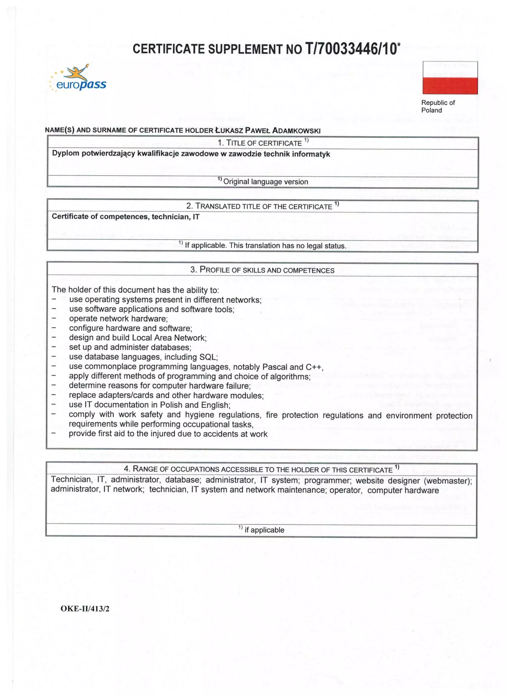 IT technician diploma and certificate supplement | PDF