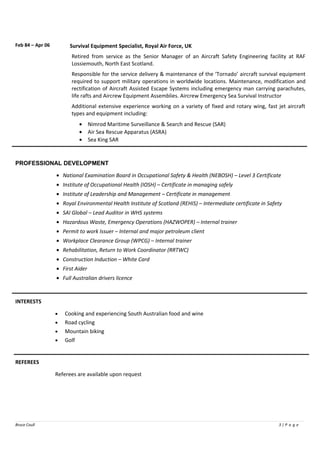 Bruce Coull Resume Sep 2015 no referees | DOC | Australia and Oceania Travel | Travel Locations