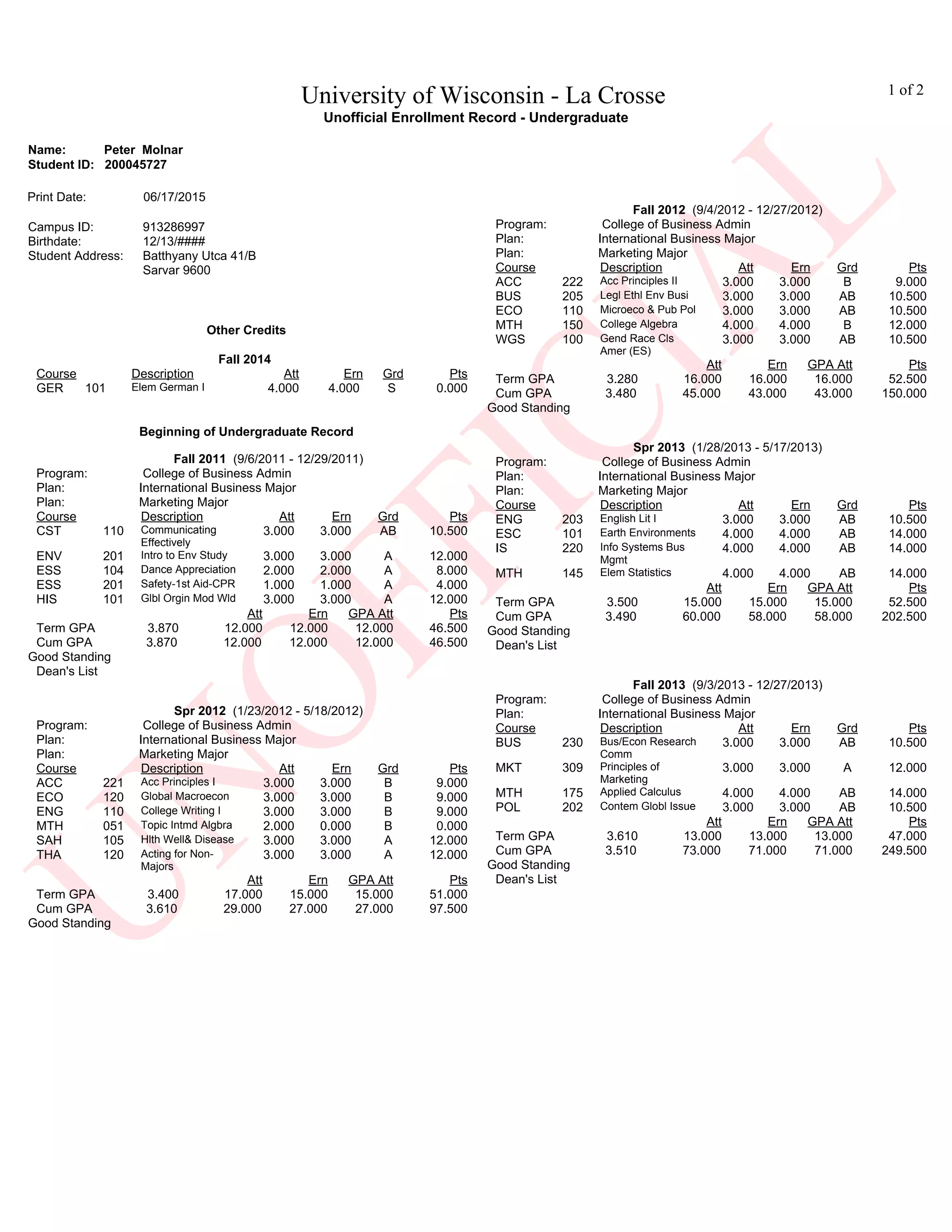 Unofficial Transcript (2015) | PDF | Undergraduate Education | College Education