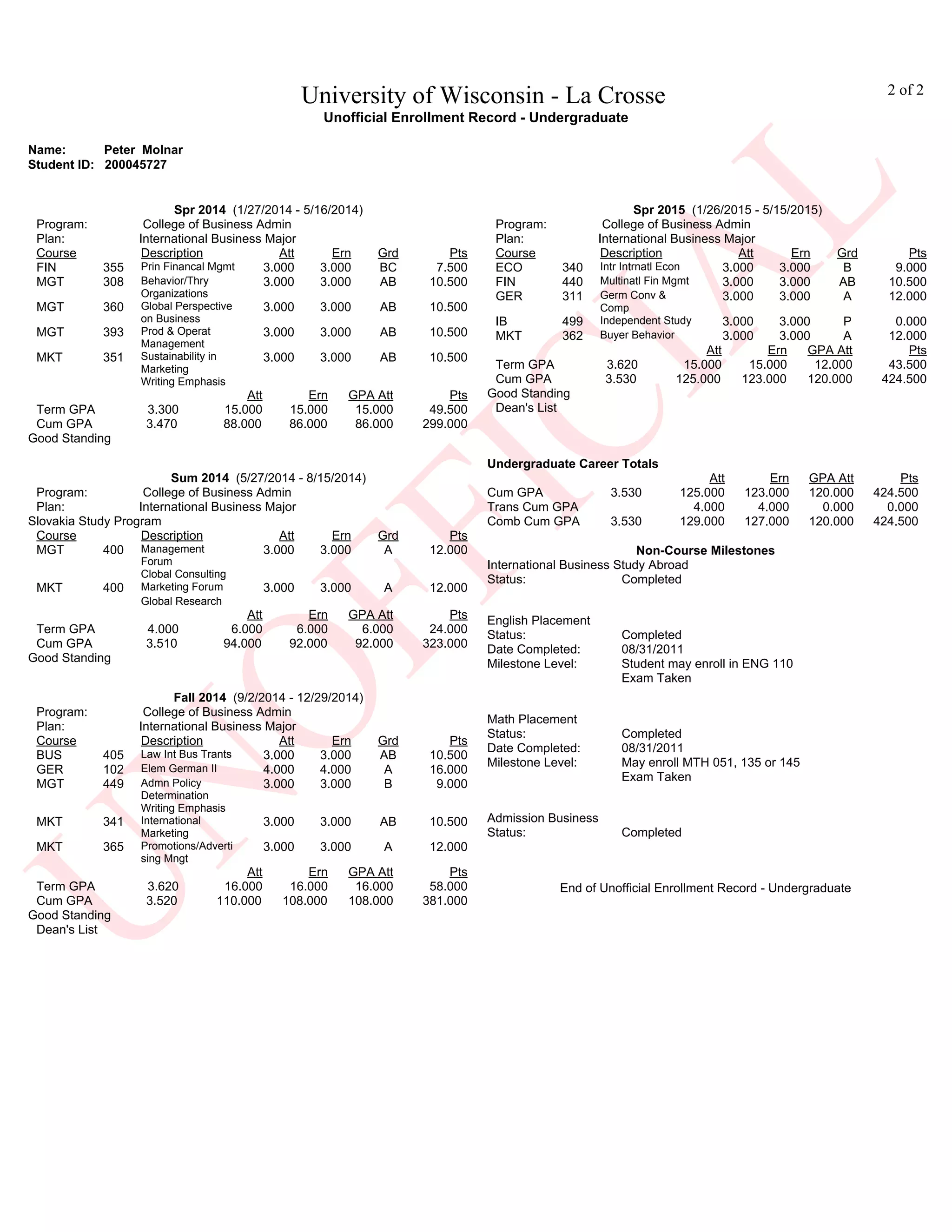 Unofficial Transcript (2015) | PDF